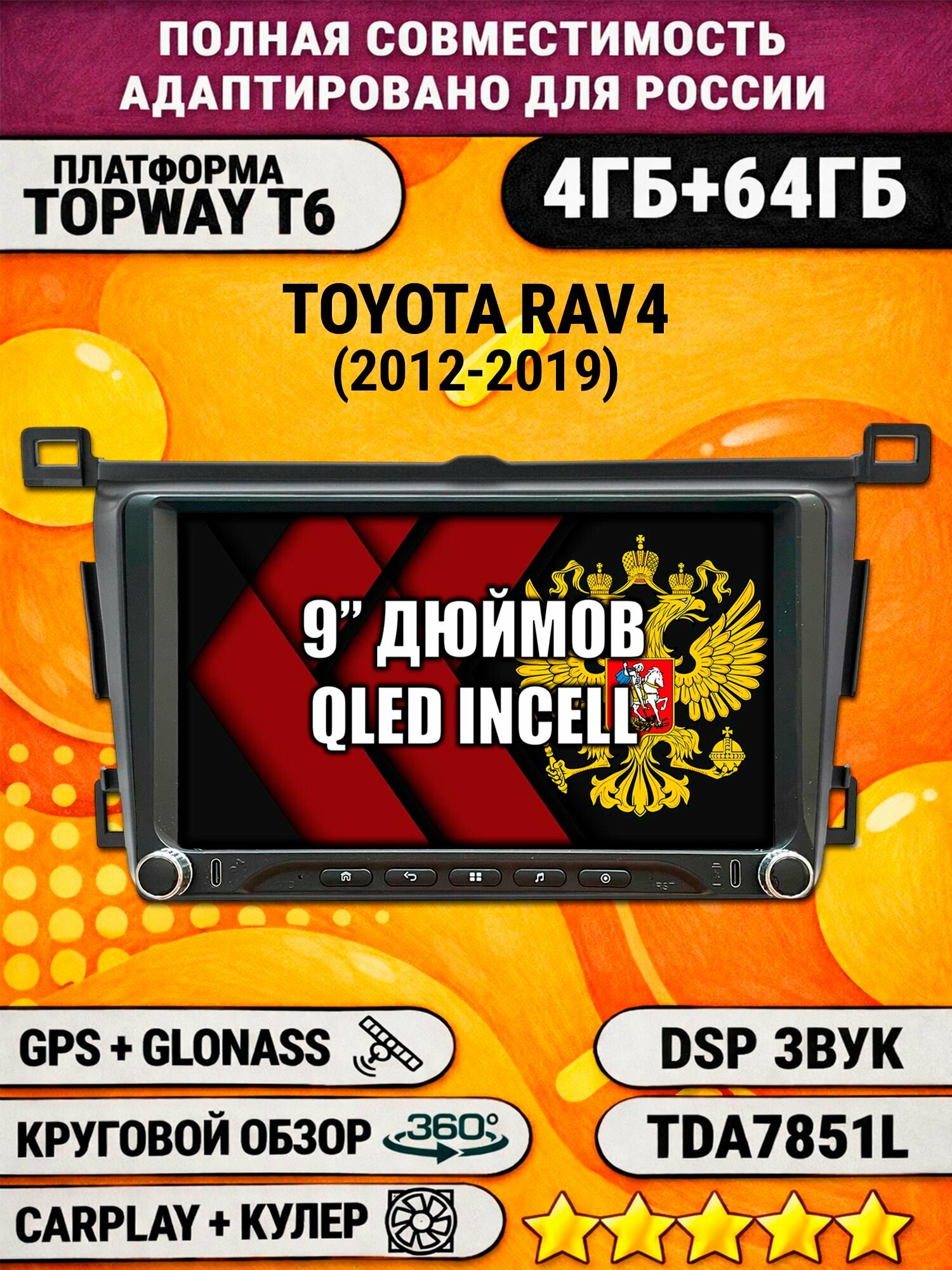 Штатная магнитола Андроид 9 для TOYOTA RAV4 (2012 2013 2014 2015 2016 2017 2018 2019) Рав RAV-4, 4/64гб, DSP, 360 обзор, беспроводной CarPlay и Android Auto, GPS и ГЛОНАСС