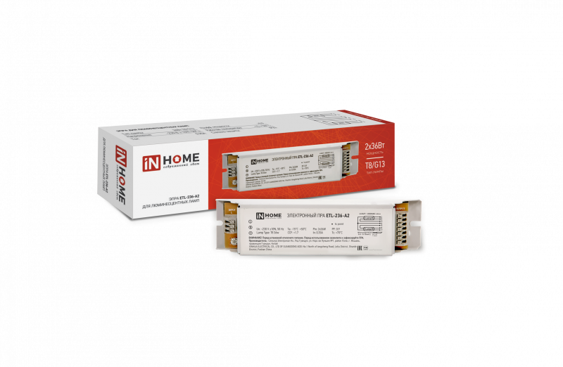 Аппарат пускорегулирующий электронный (ЭПРА) для люминесцентных ламп ETL-236-А2 2х36Вт Т8/G13 IN HOME