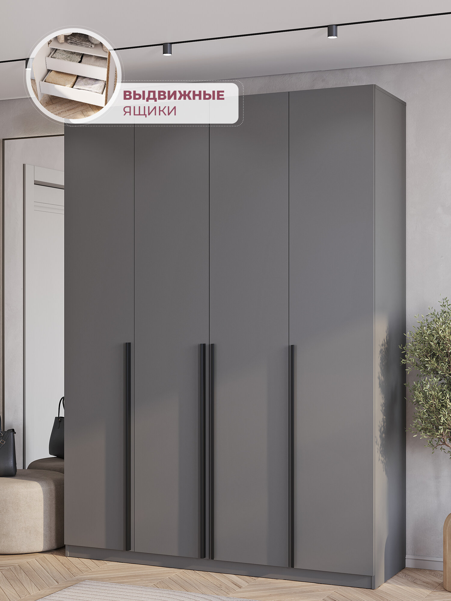 Шкаф распашной для одежды в прихожую "Айрон" графит, 221х160х51 см