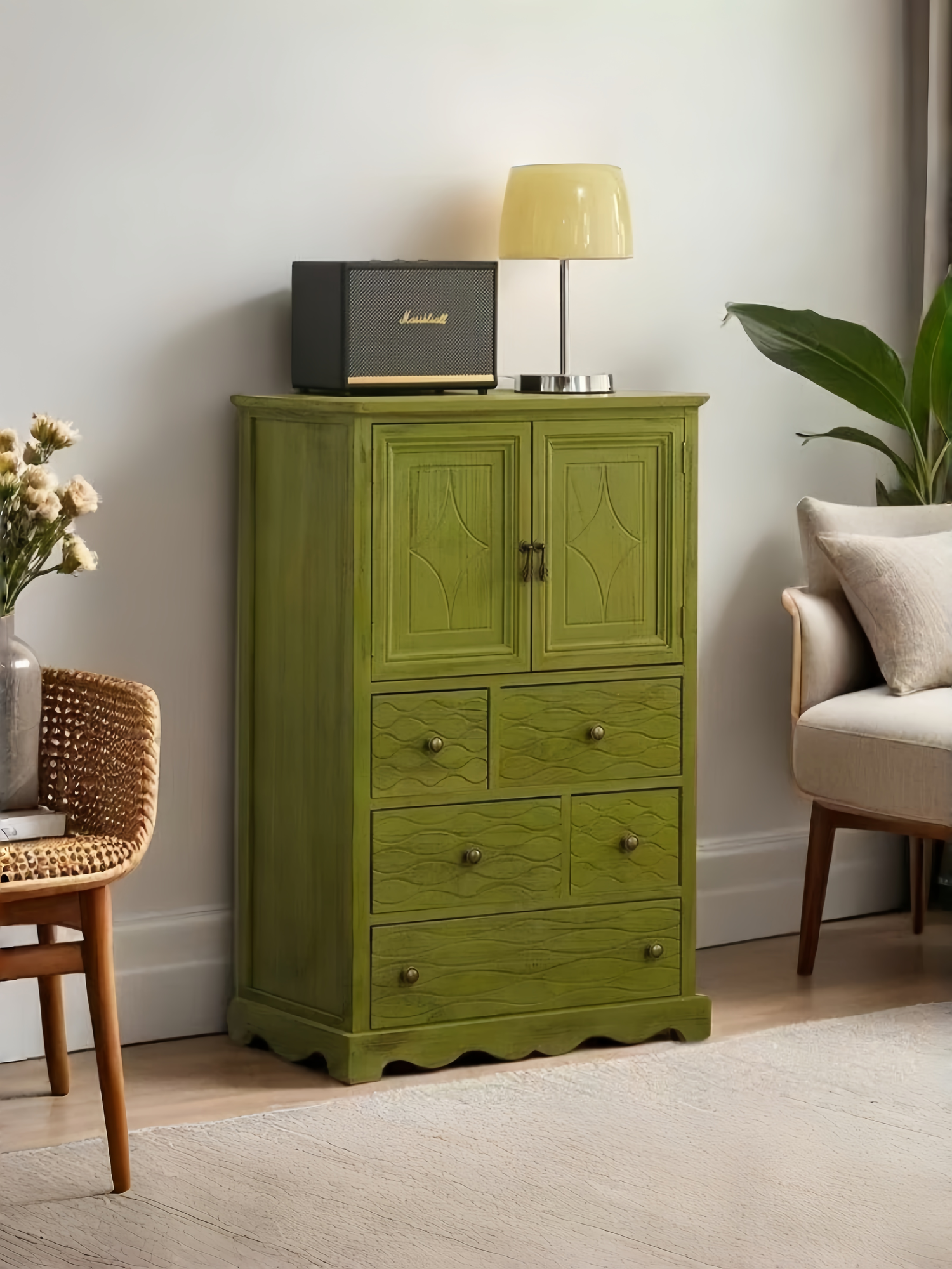 Комод ASDF, американский стиль, массив дерева, 5 ящиков, покрытие лаком, зеленый