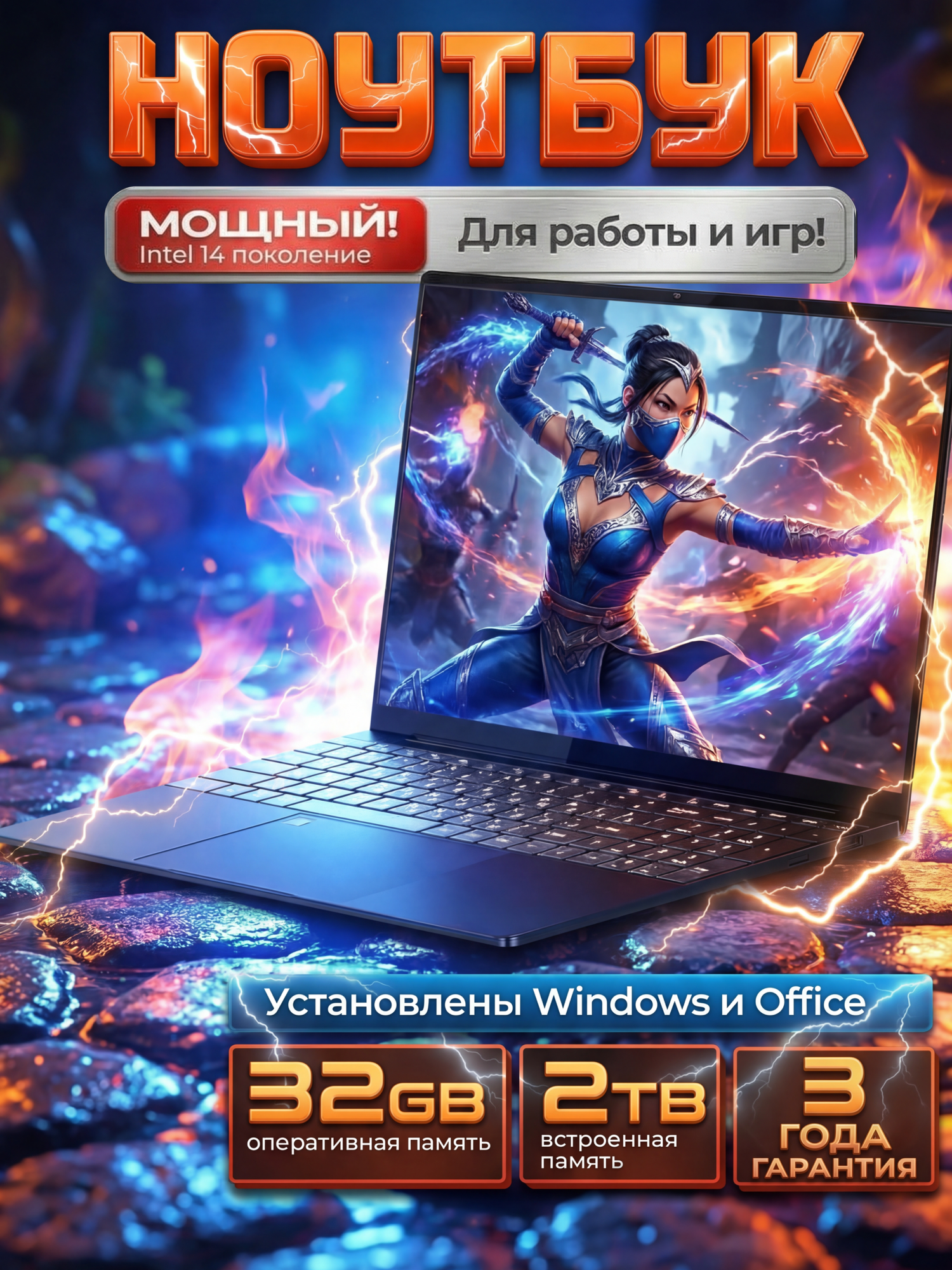Ноутбук игровой 2026 N-Series, RAM 32GB, SSD 2048GB, IPS + Windows, Office