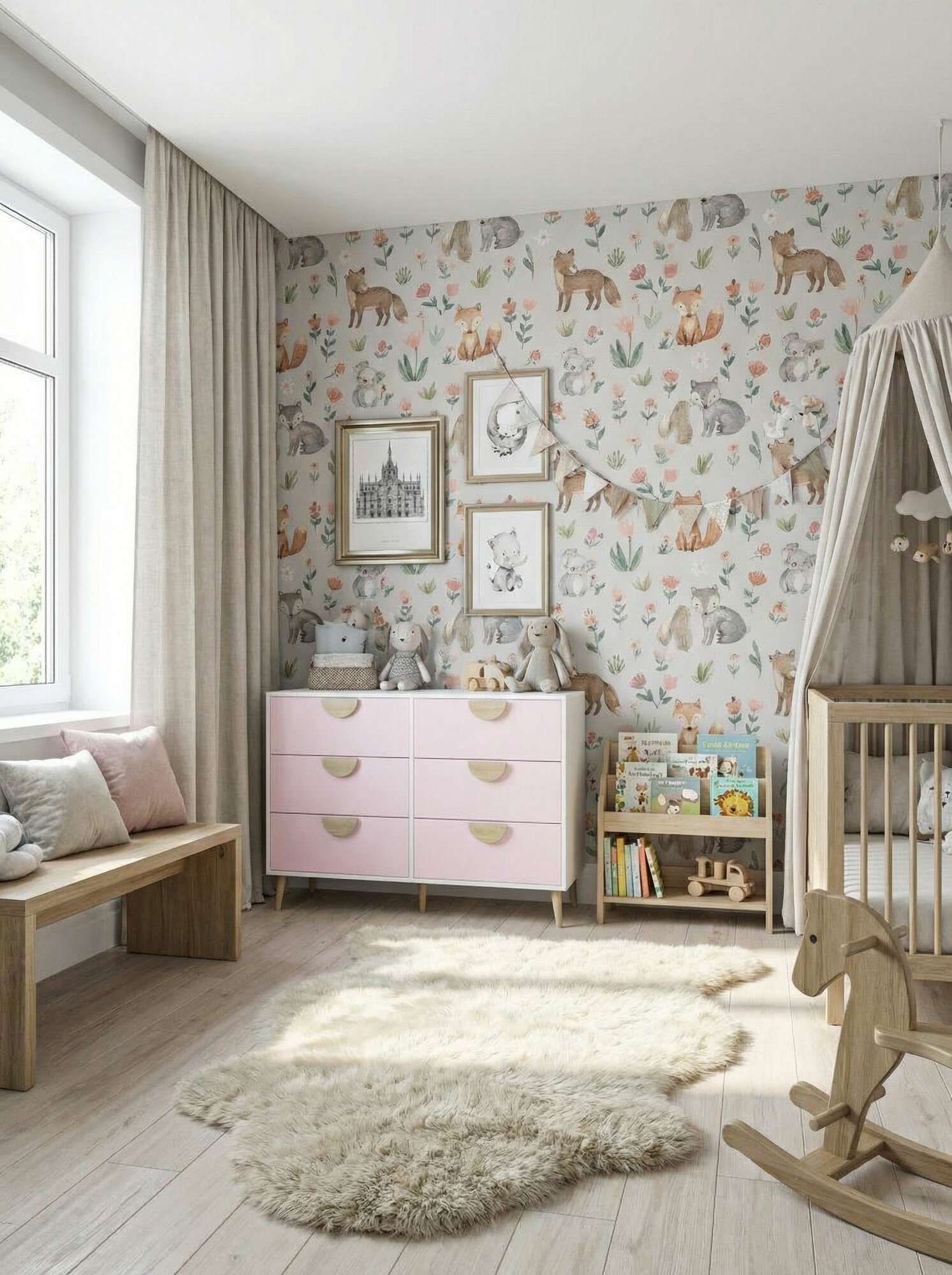 Комод большой Львиная семейка "Модерн" для девочки, ЛДСП, 6 ящиков, берёзовые ручки, розовый