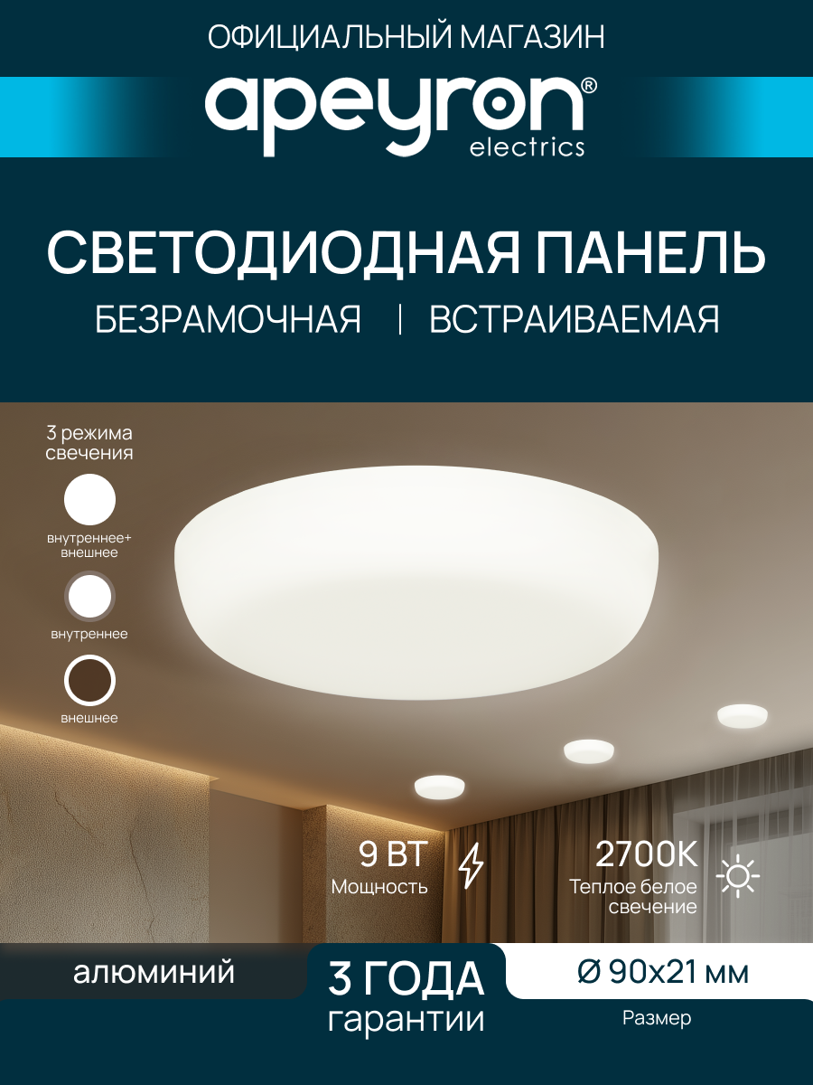 Светодиодная встраиваемая безрамочная панель Apeyron FLP 9Вт, 2700К, круг d90мм, белый, 06-100