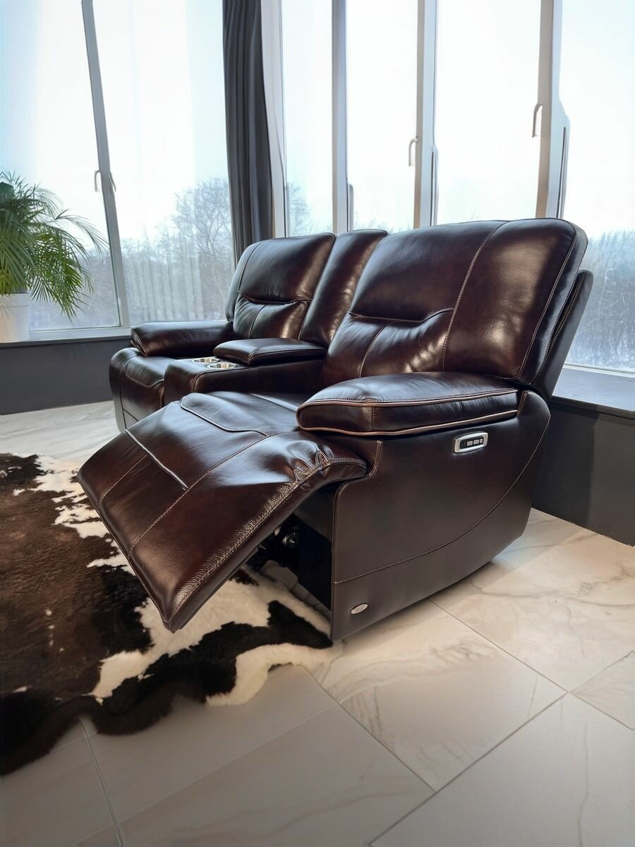 Диван мягкий, натуральная кожа, электрический реклайнер с баром