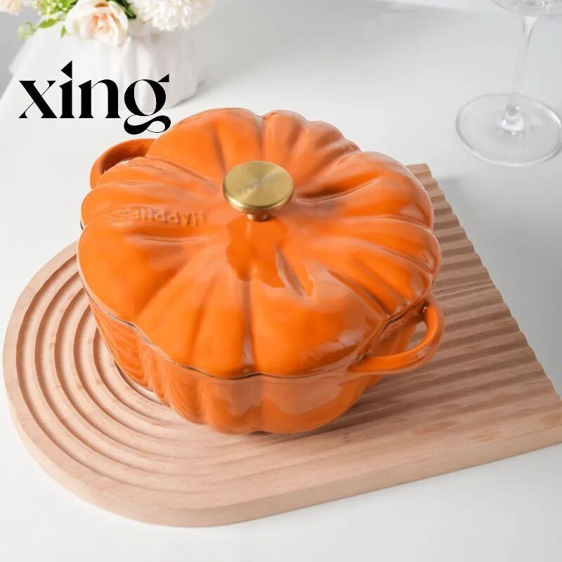 Кастрюля в форме тыквы из чугуна, эмалированная, 1.85 л, 1 шт. Для духовки и индукции