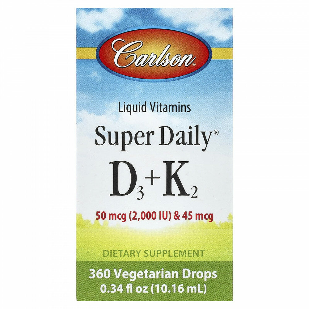 Carlson, Super Daily® D3 + K2, 50 мкг (2000 МЕ) и 45 мкг, 10,16 мл (0,34 жидк. унции)