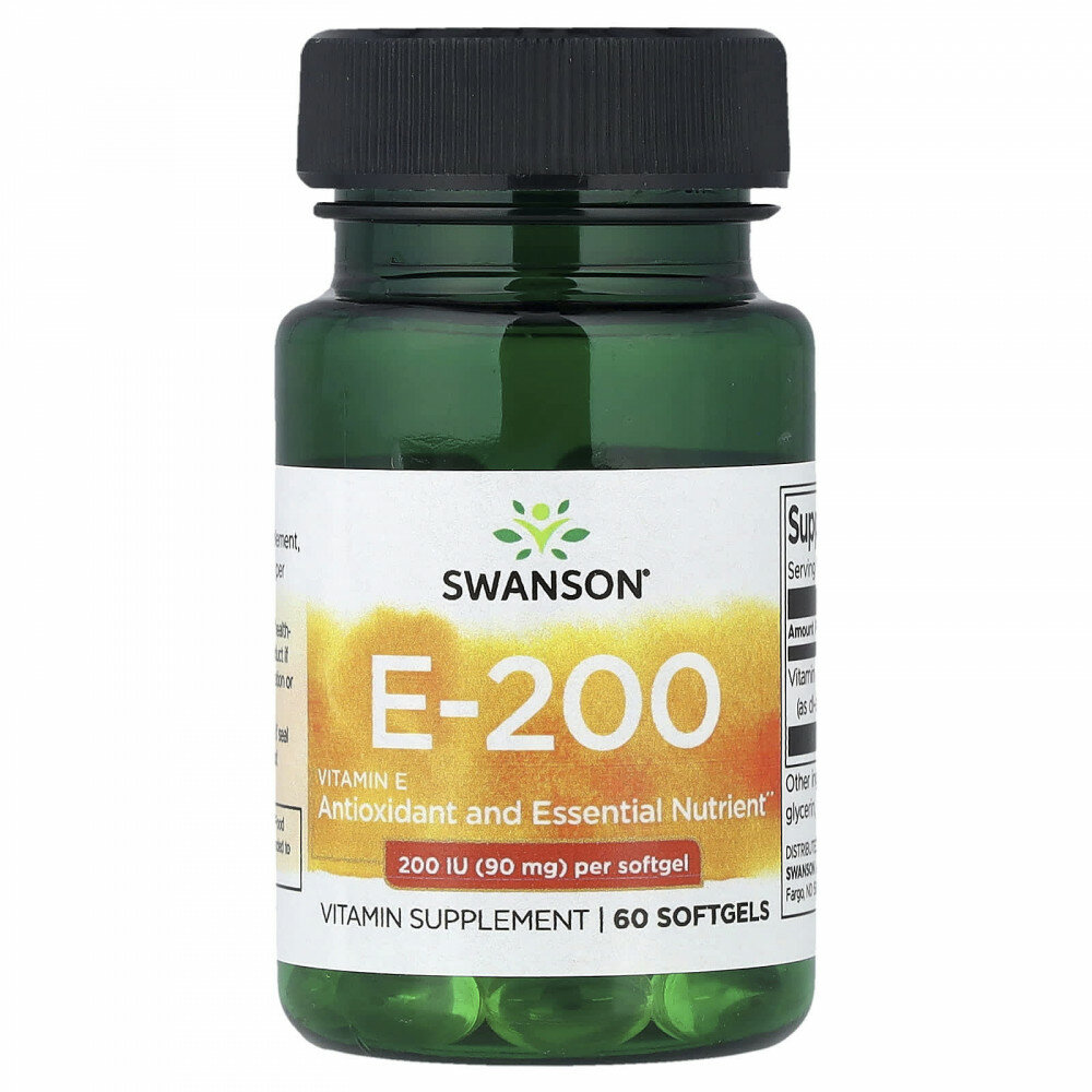 Swanson, E-200, витамин E, 90 мг (200 МЕ), 60 капсул