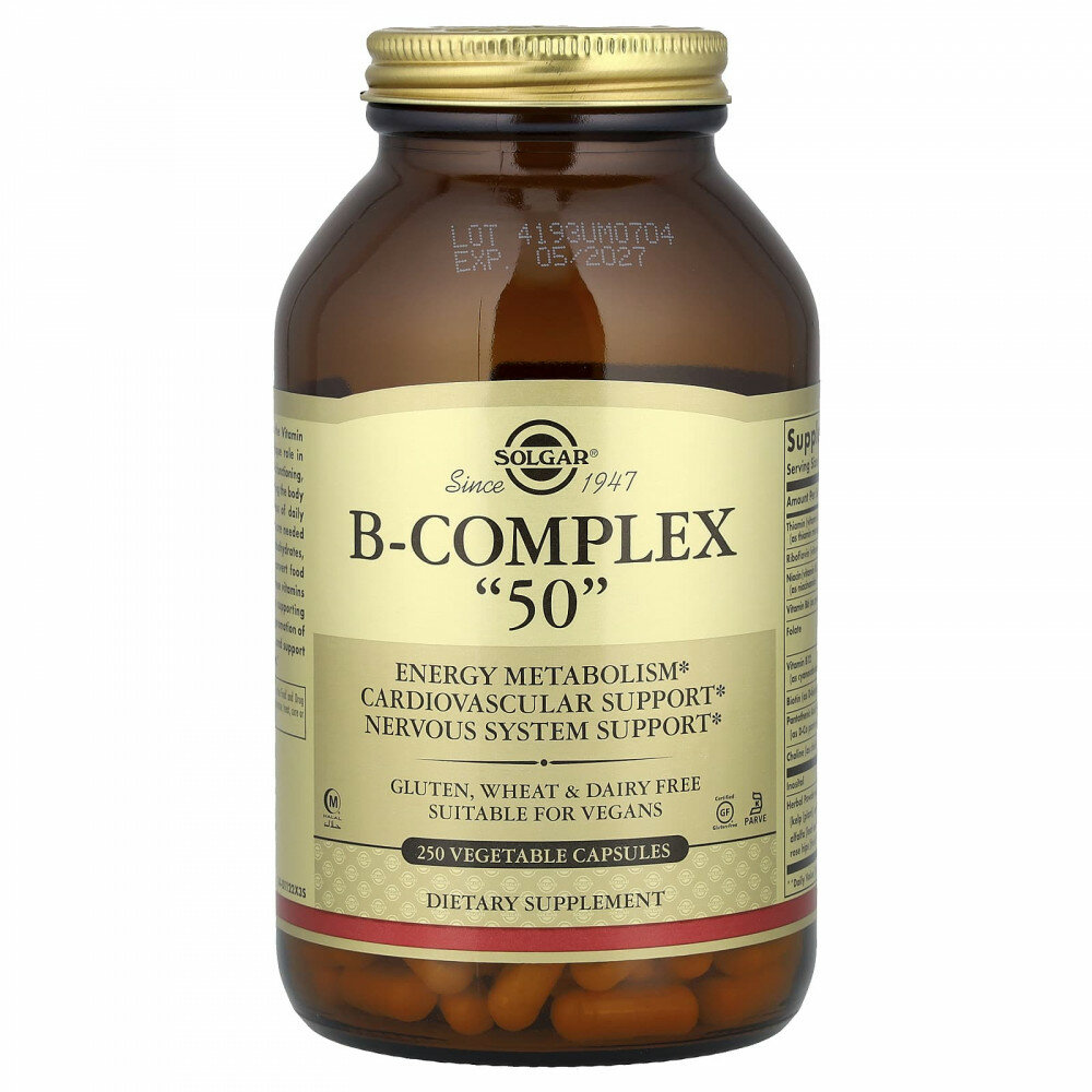 Solgar, B-Complex 50, витамины группы B, 250 растительных капсул