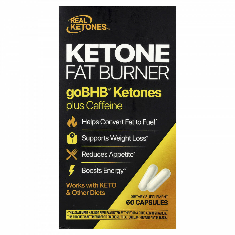 Real Ketones, кетоновый сжигатель жира, кетоны с кофеином goBHB®, 60 капсул