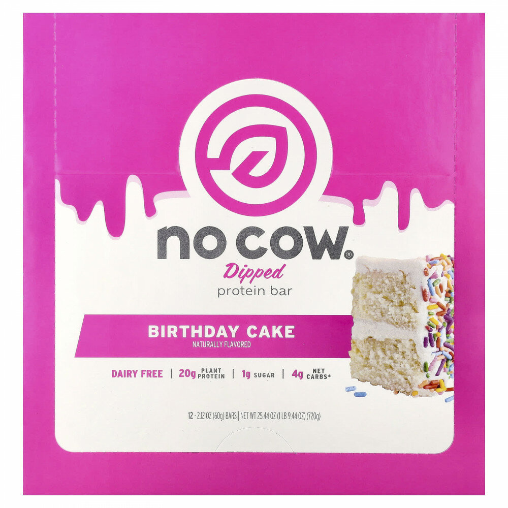 No Cow, протеиновый батончик в глазури, со вкусом праздничного торта, 12 батончиков по 60 г (2,12 унции)