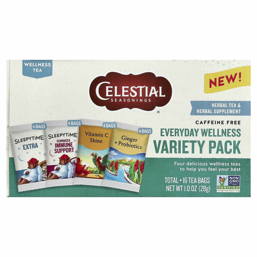 Celestial Seasonings, Everyday Wellness, ассорти вкусов, без кофеина, 16 чайных пакетиков, 28 г (1 унция)
