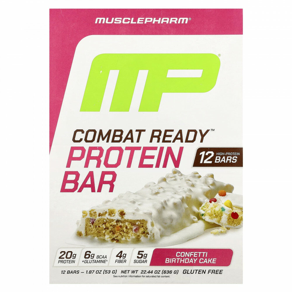 MusclePharm, Протеиновый батончик Combat Ready ™, праздничный торт с конфетти, 12 батончиков по 53 г (1,87 унции)