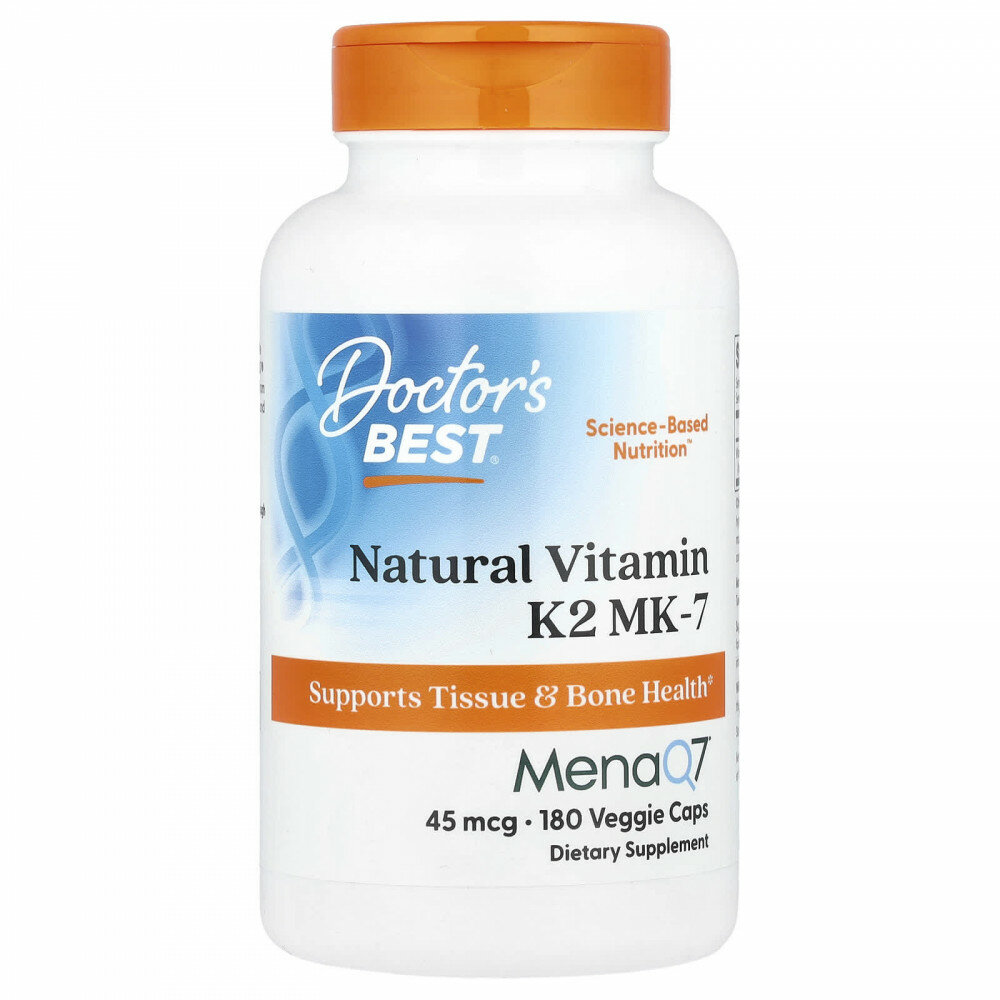 Doctor's Best, натуральный витамин K2 MK-7 с MenaQ7, 45 мкг, 180 вегетарианских капсул