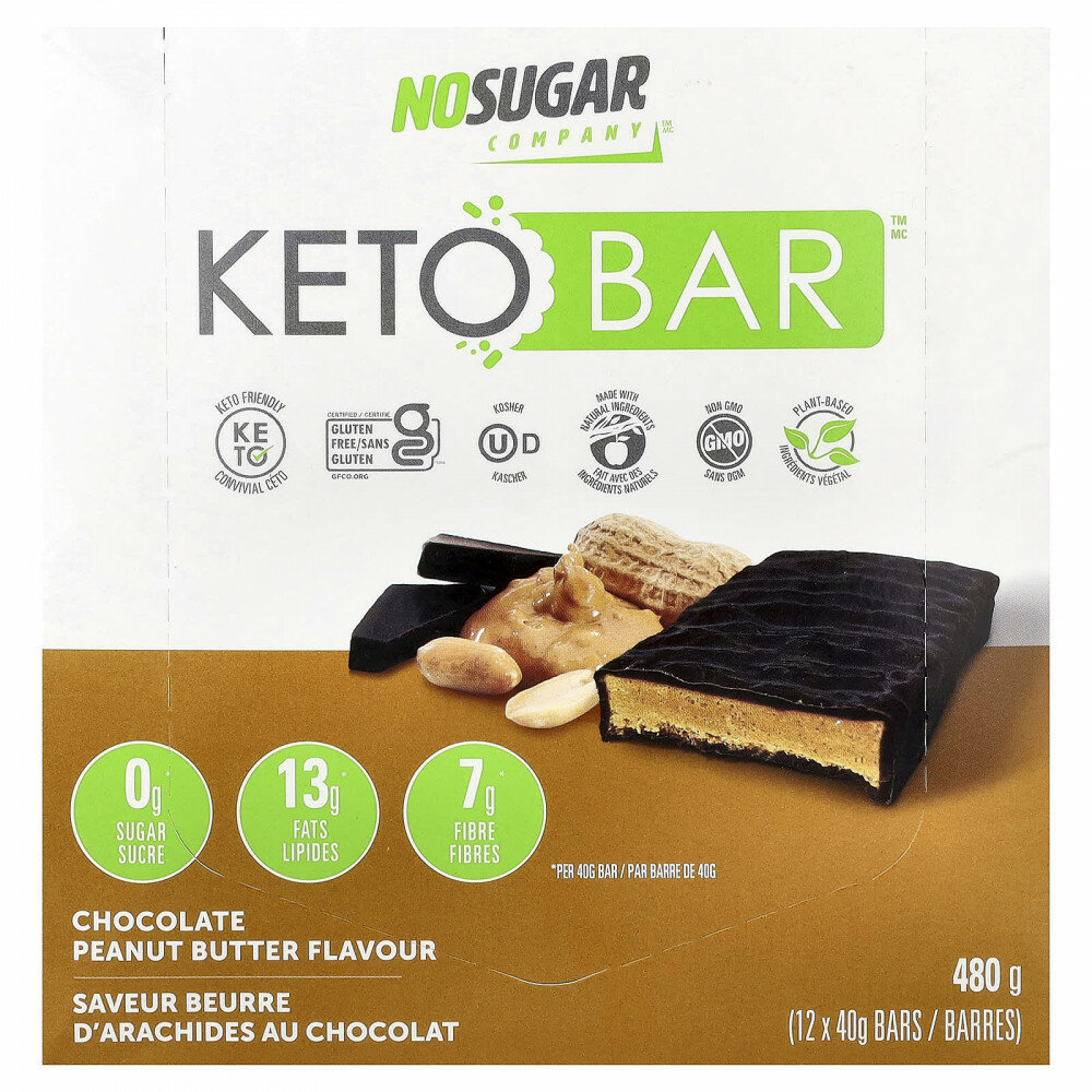 No Sugar Company, Keto Bar™, шоколад и арахисовая паста, 12 батончиков по 40 г