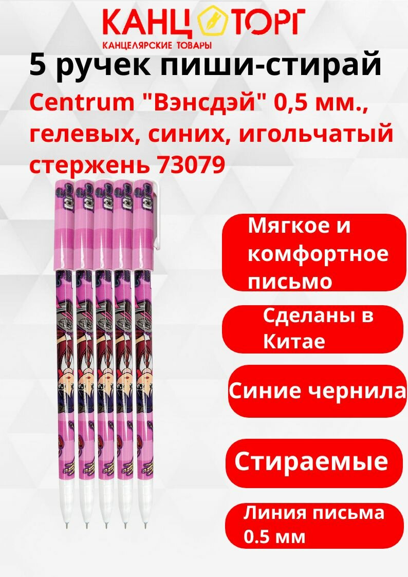 5 ручек пиши-стирай Centrum "Вэнсдэй" 0,5 мм, гелевых, синих, игольчатый стержень 73079