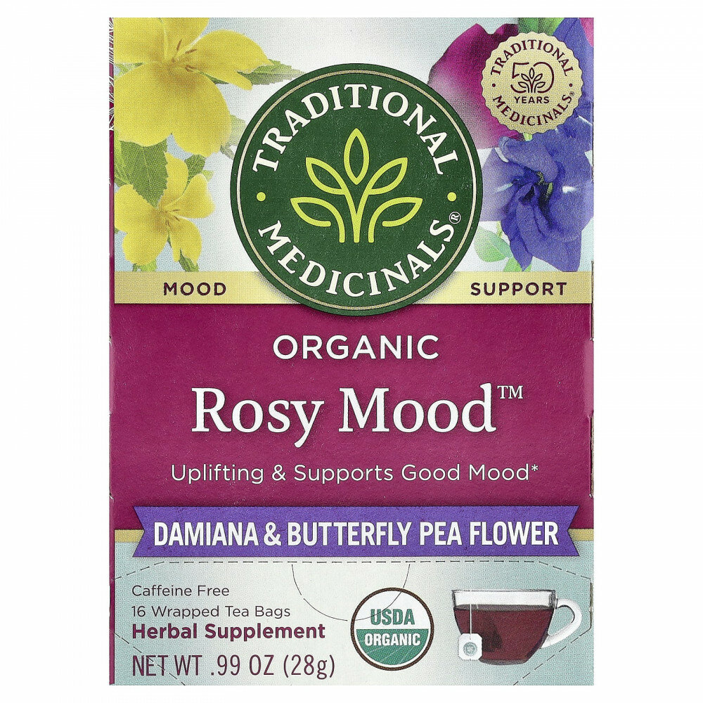 Traditional Medicinals, Organic Rosy Mood ™, дамиана и цветы гороха-бабочки, без кофеина, 16 чайных пакетиков в упаковке, 28 г (0,99 унции)