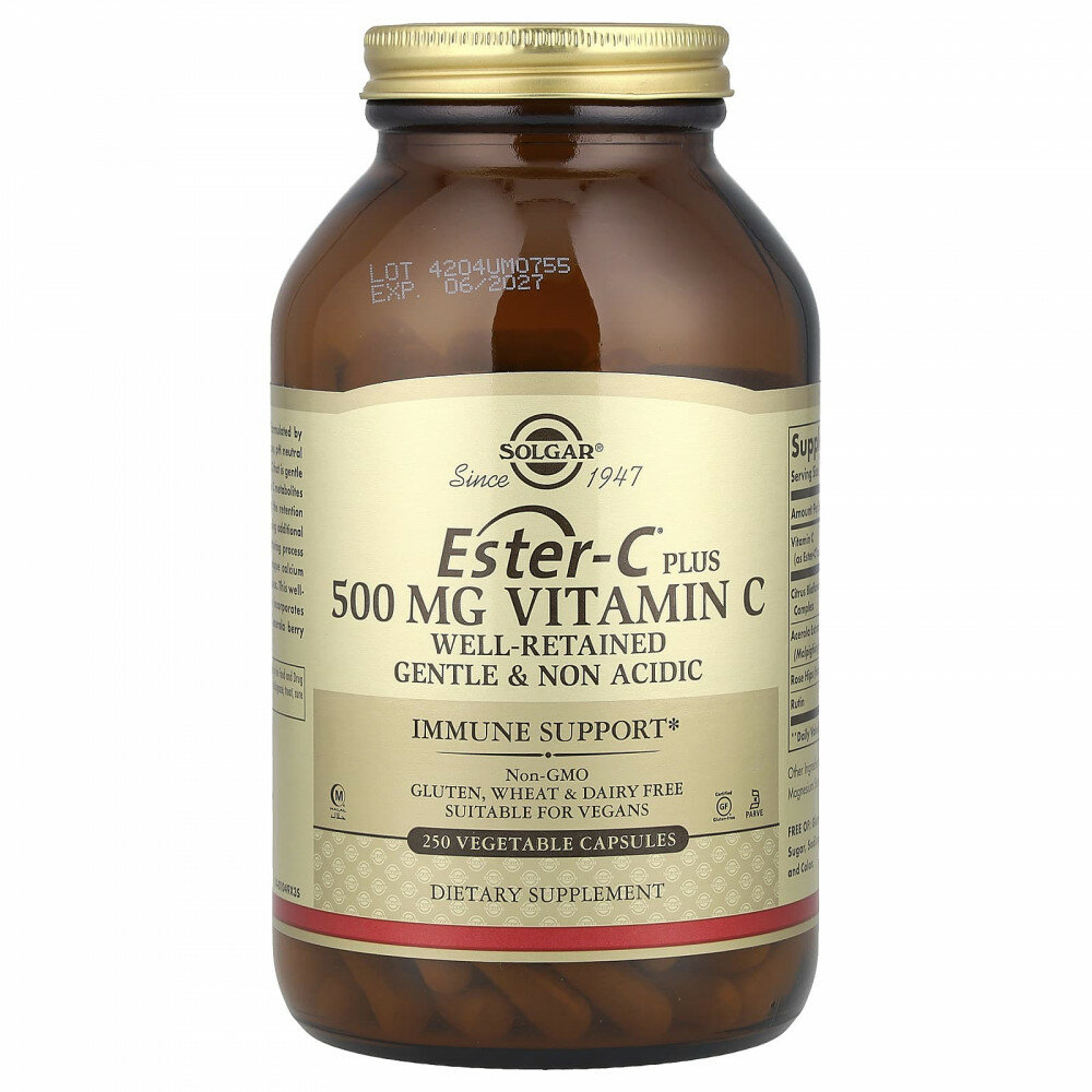 Solgar, Ester-C®, добавка с витамином C, 500 мг, 250 растительных капсул