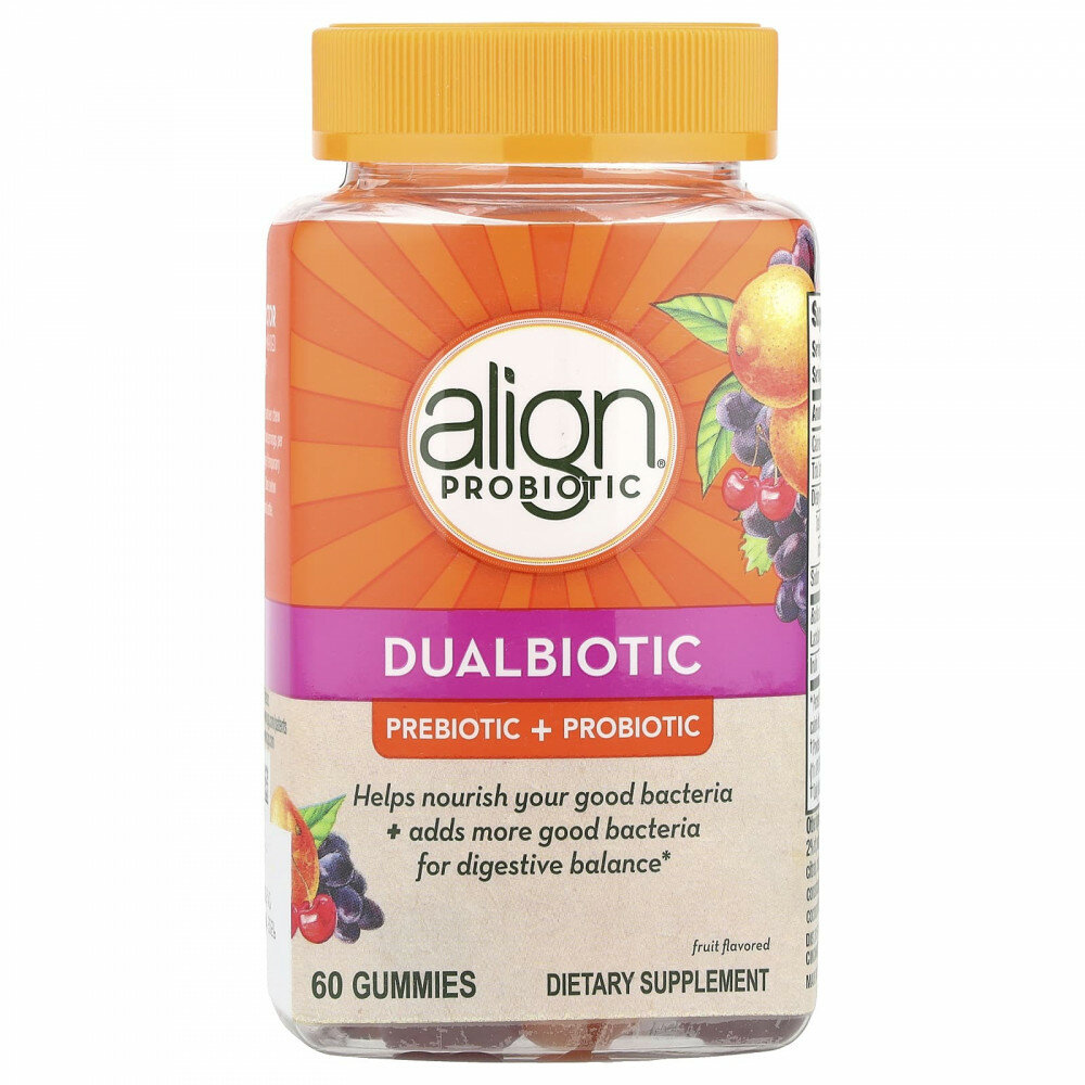 Align Probiotics, Dualbiotic, пребиотик и пробиотик, фрукты, 60 жевательных таблеток