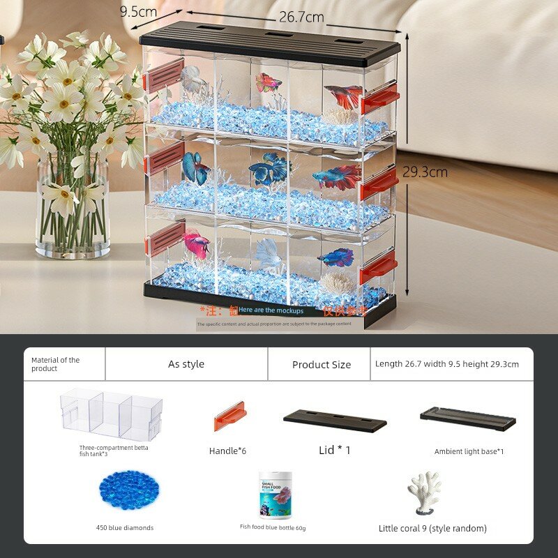 Черный аквариум для разведения с LED-подсветкой и декором, 3-ярусная система с 9 отделениями для аквариумного разведения