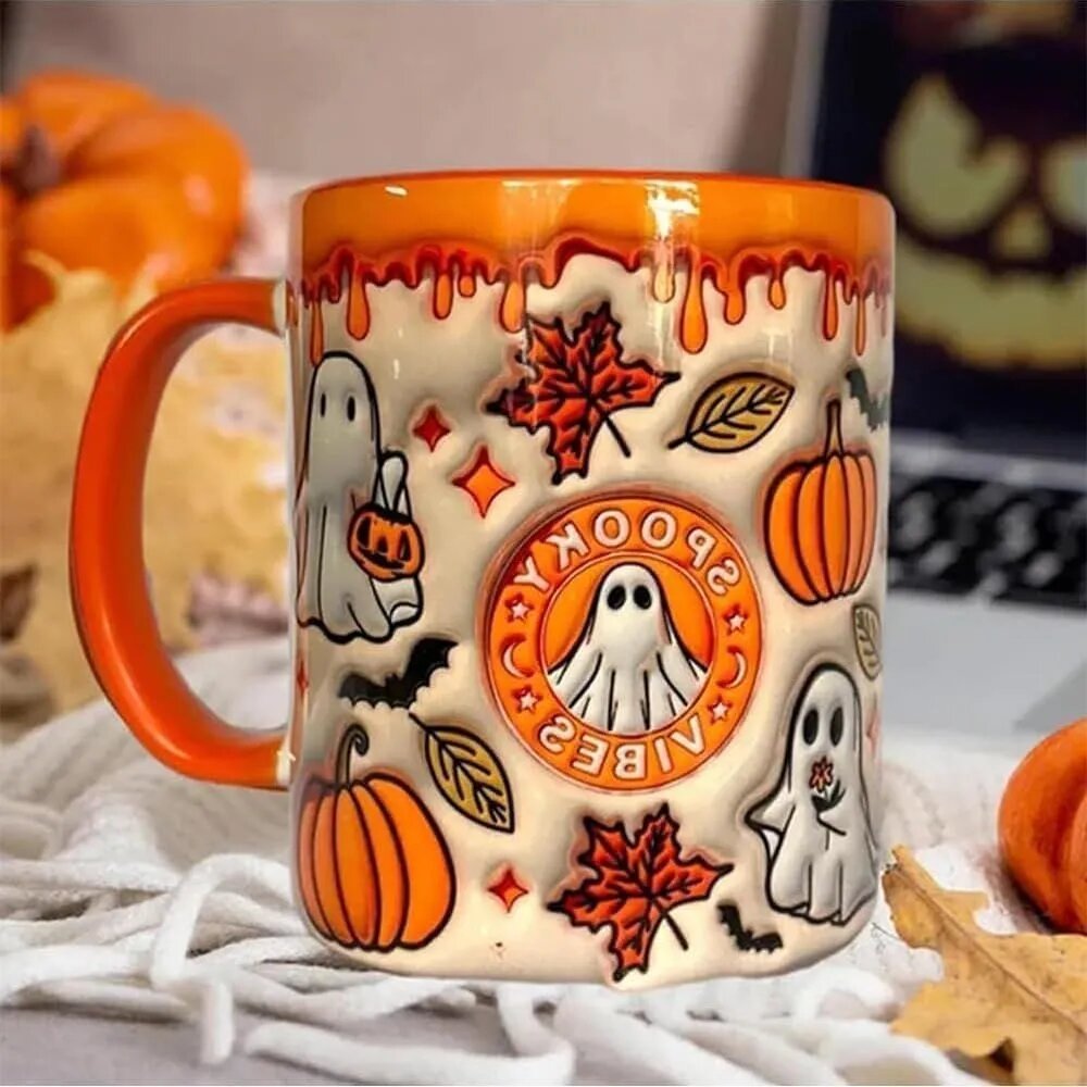 Кружка керамическая Halloween Spooky Vibes, 1 шт. Оранжевая чашка для кофе с тыквой и привидениями — фото 1