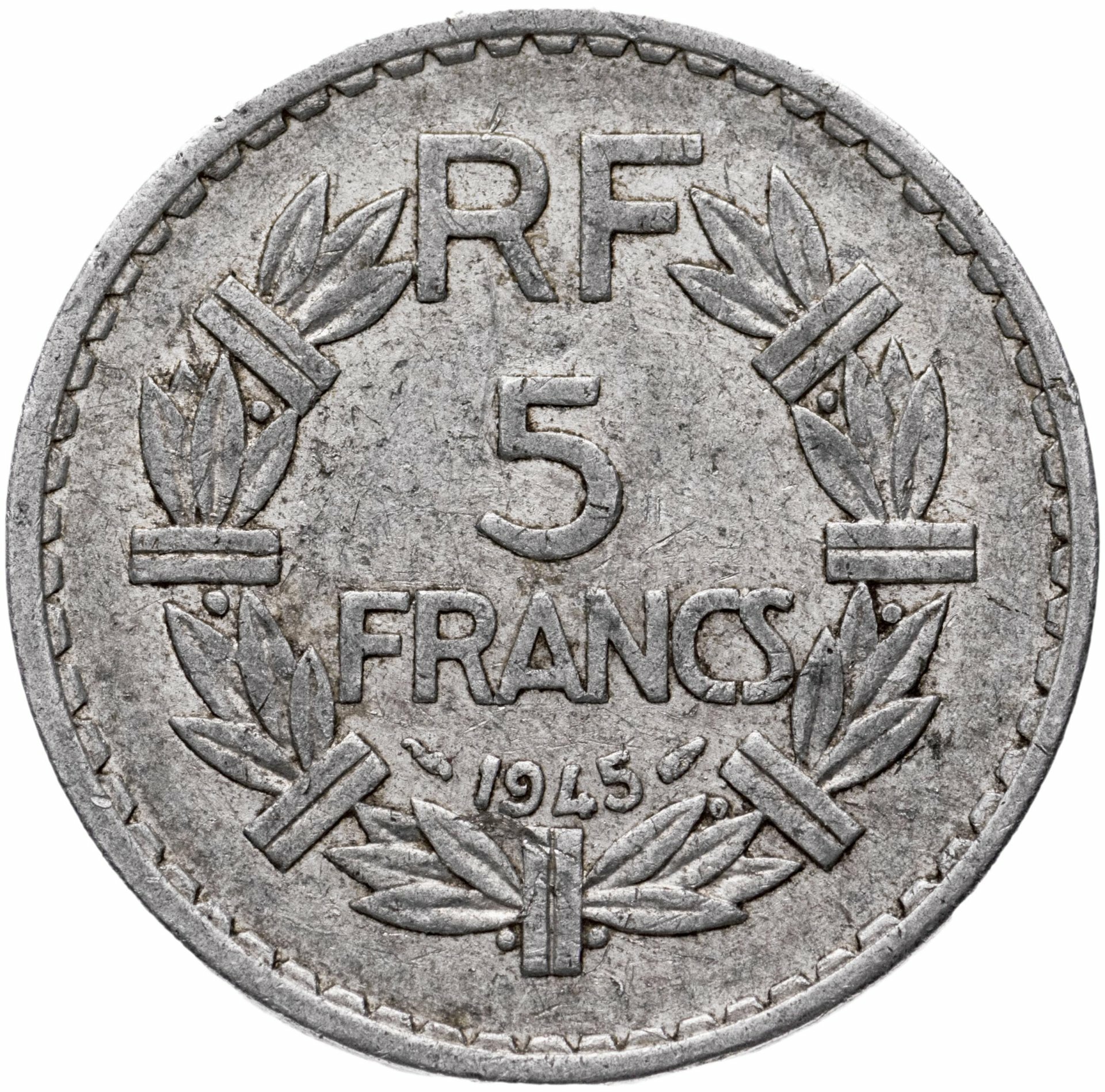 Франция 5 франков francs 1945, Алюминий, в сохранности XF