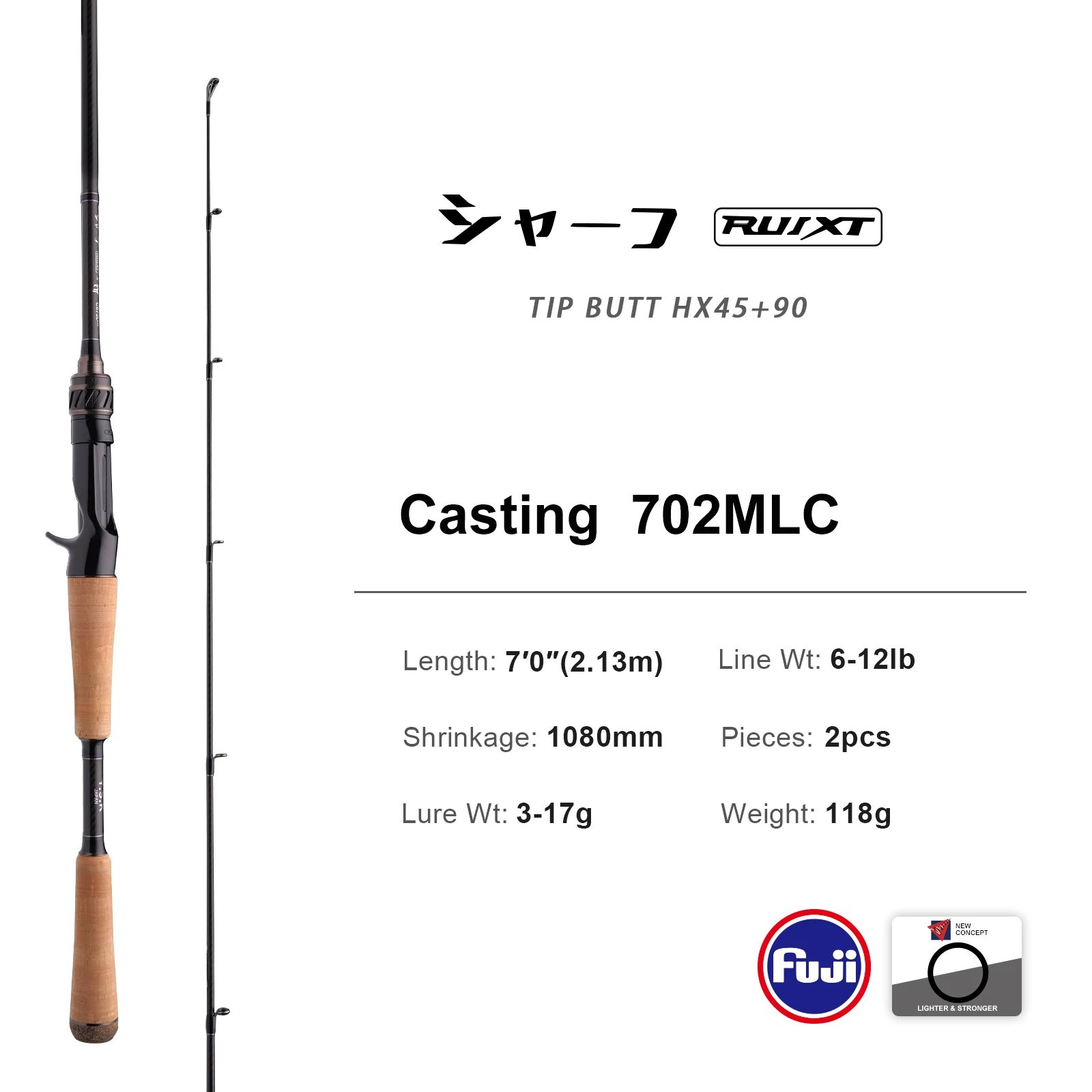 RUIXT Casting 702MLC, 2.13м, 6-12lb, 3-17g, 2pcs