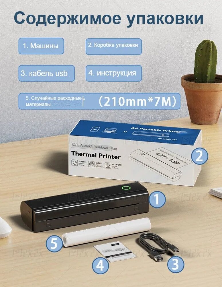 Мини-принтер термо портативный, Монохромный, A4