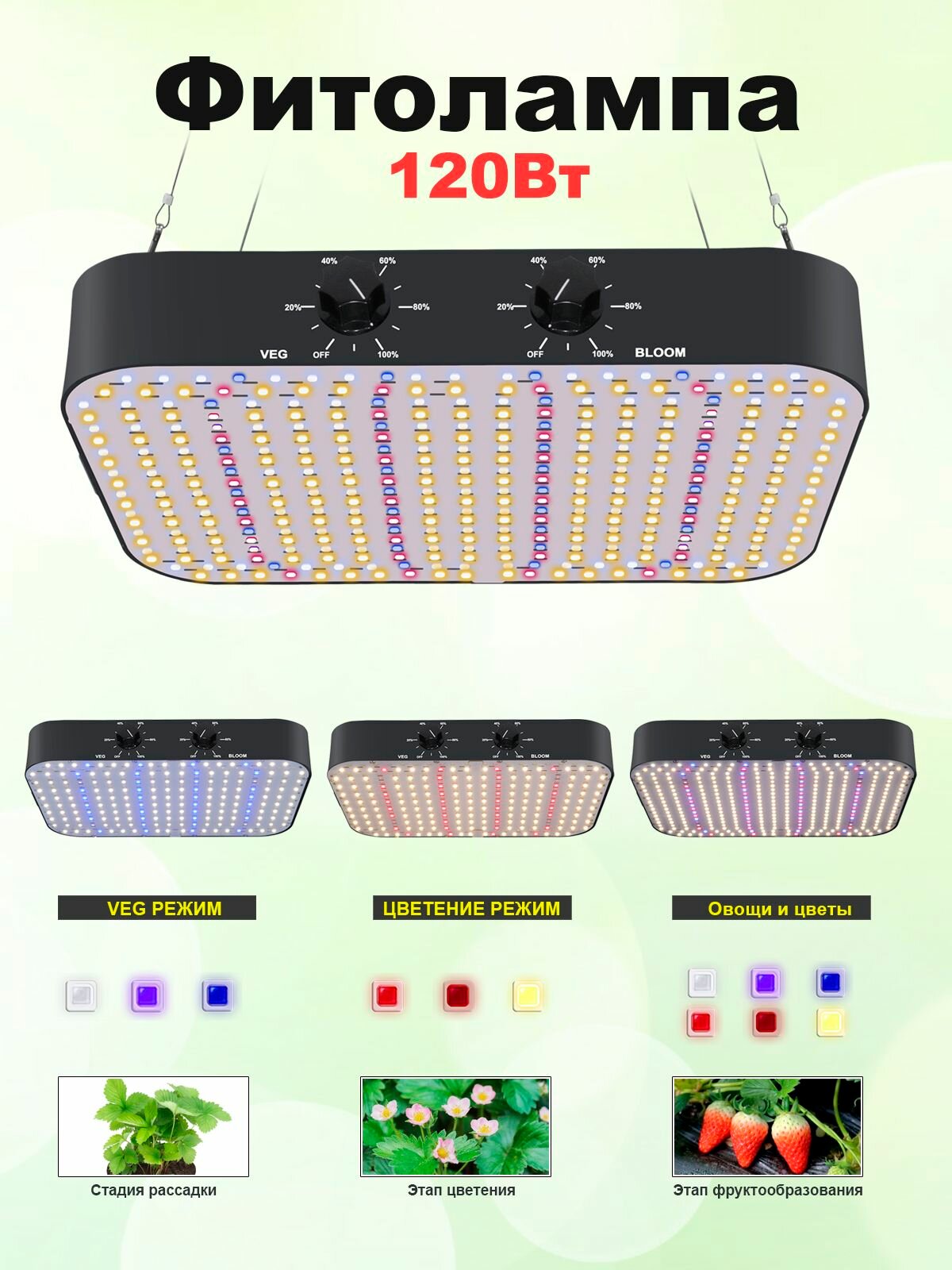 Фитолампа для растений "Полный спектр", мощность 120 Вт, 380 светодиодов