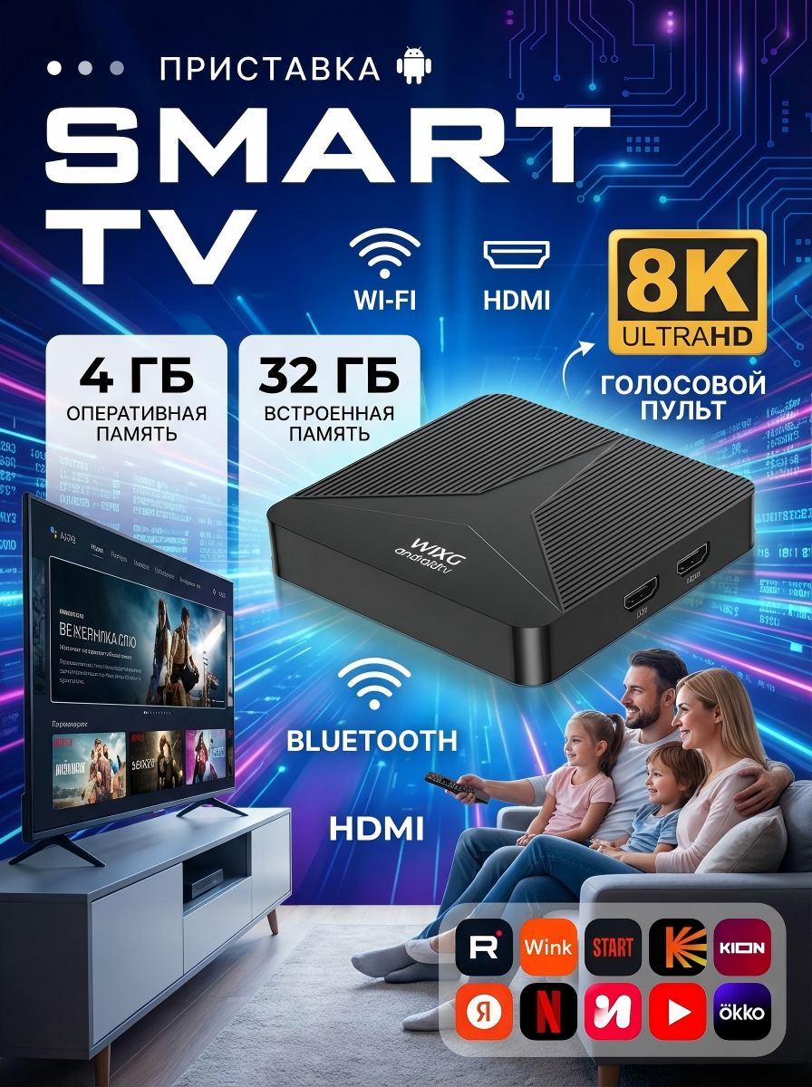 Смарт ТВ приставка, медиаплеер , 4ГБ/32ГБ, Android 14. Wi-Fi, Каналы и фильмы бесплатно