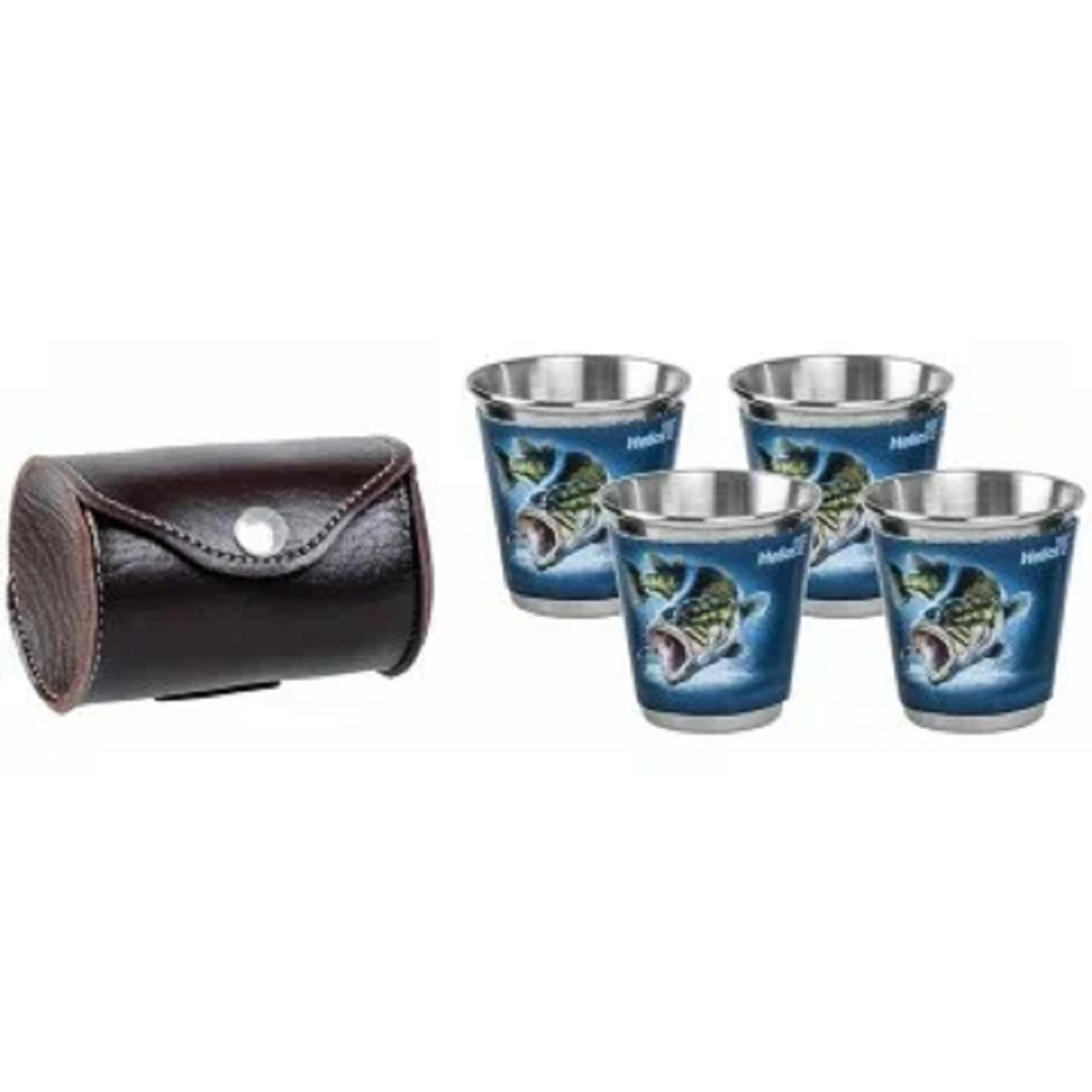 Набор стопок Helios "Рыба", нержавеющая сталь, кожаный чехол, 60 мл, 4 шт.