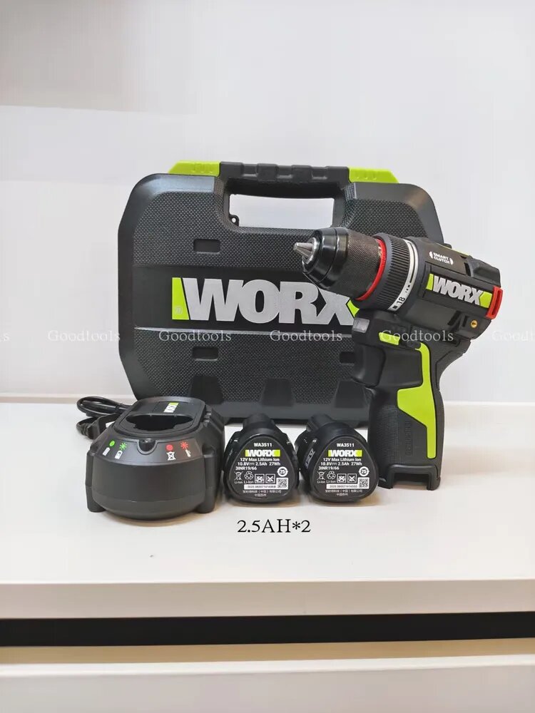 WORX WU135 12V Бесщеточная дрель-шуруповерт, , большой крутящий момент 50 Н м, компактный корпус, c 2хАКБ 2.5Ач и ЗУ