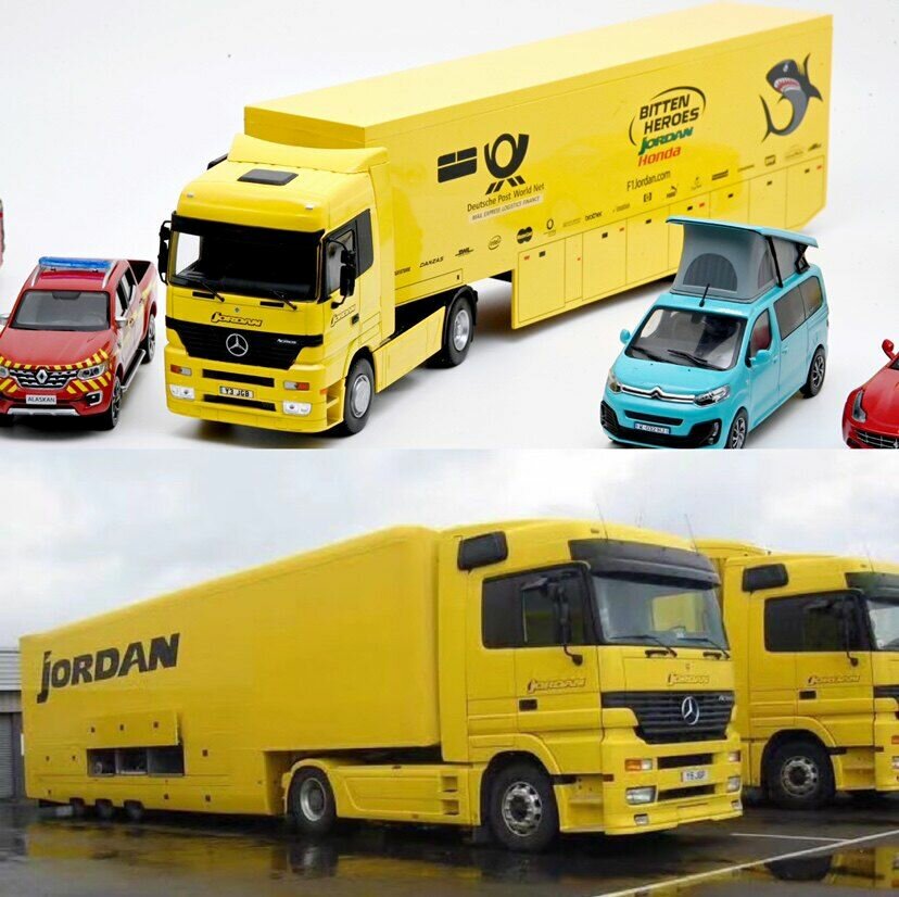 IXO Mercedes-Benz Actros 2001 Транспортный грузовик Jordan F1 Team Truck F1CC Машина в масштабе 1:43