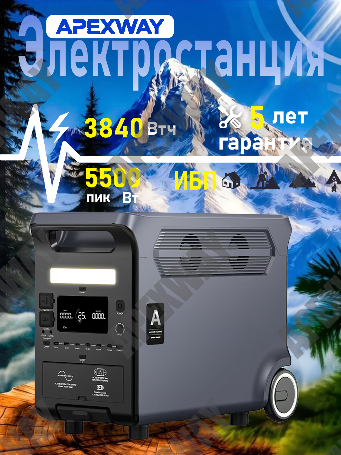 Источник бесперебойного питания с аккумулятором 1200000 mAh 3600W APEXWAYбесшумный генератор
