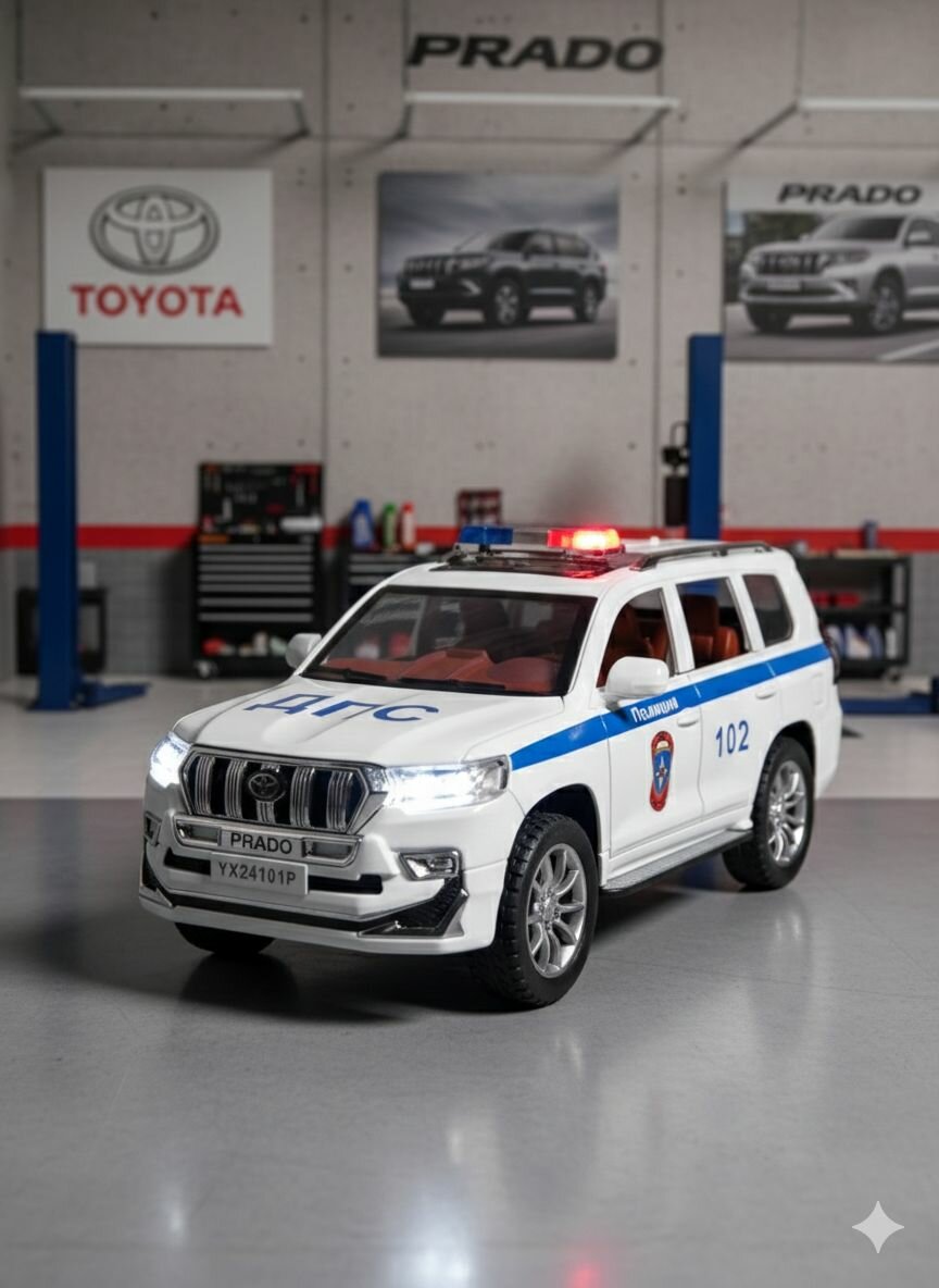Toyota Land Cruiser Prado Тойота Ленд Крузер Прадо Полицейская ДПС 21 см (1:24) машинка металлическая инерционная с открывающимися дверьми, капотом и багажником, со световыми и звуковыми эффектами