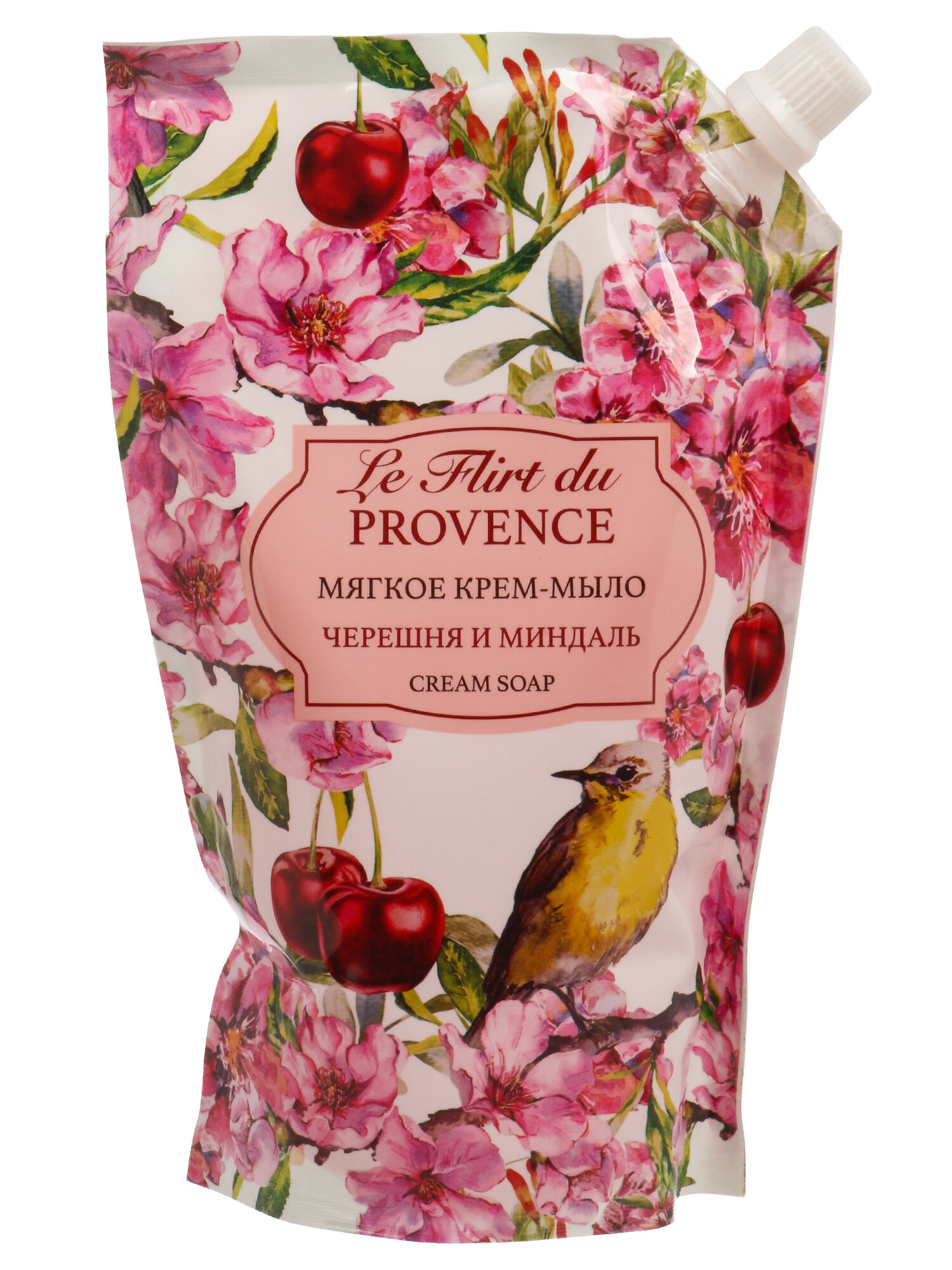 Жидкое крем-мыло Le Flirt Du Provence Черешня и миндаль для рук, 500 мл, мягкое очищение и увлажнение кожи в дой-паке.