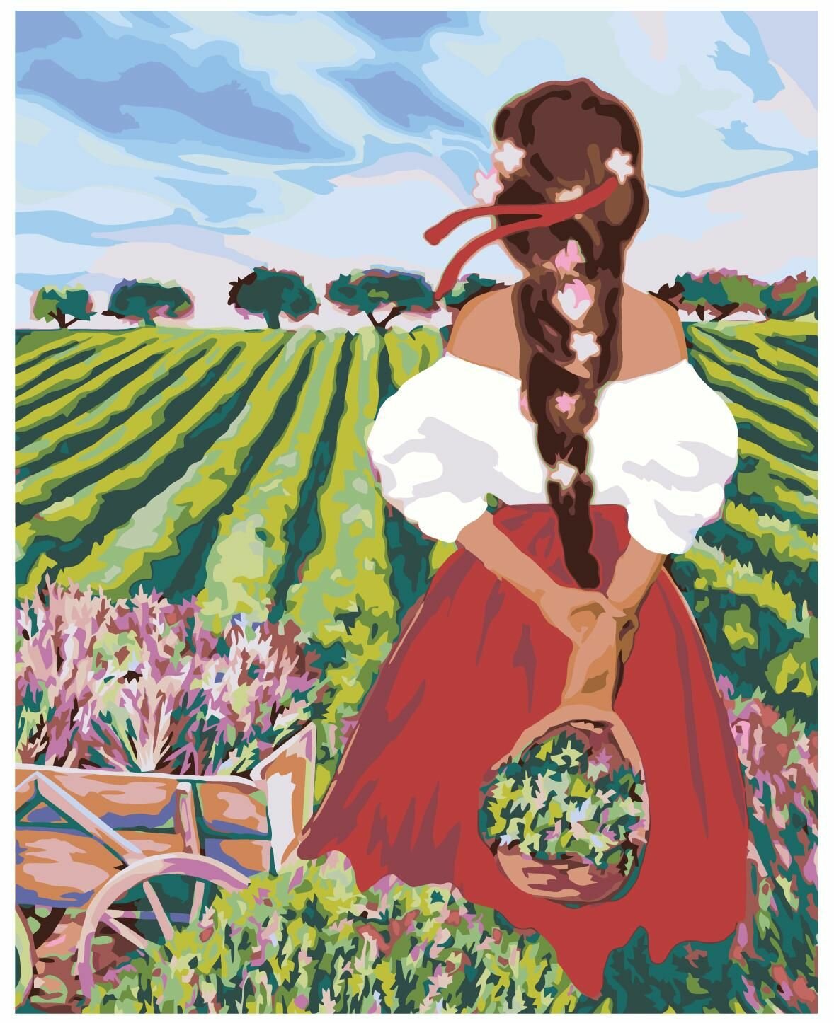 Картина по номерам, 40 x 50, ELLU08, девушка. поле, цветы, корзинка, тележка