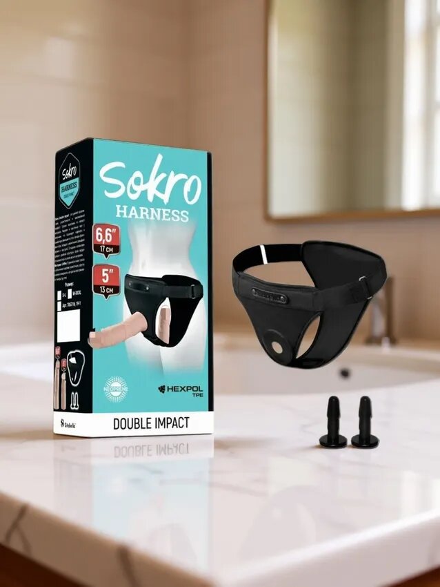 Страпон Sitabella двойной удар, с вагинальной втулкой, Pokyskin, 18 см