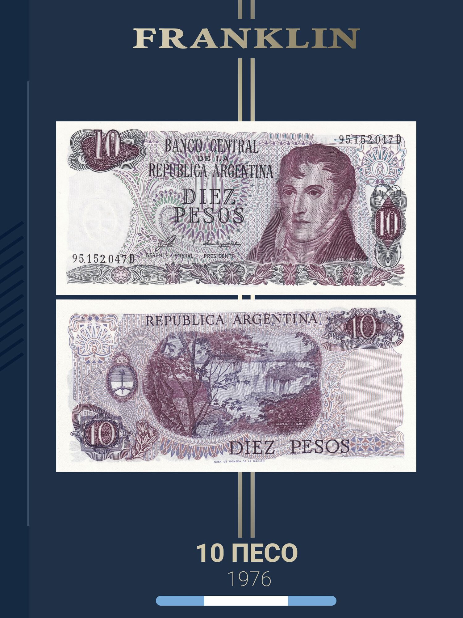 Банкнота Аргентина 10 песо 1976 год (UNC) Pick 300