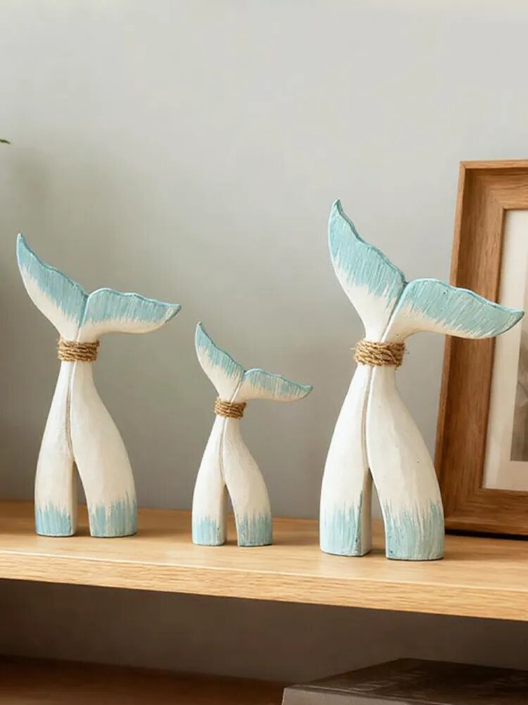 Статуэтка Статуэтка Набор деревянных хвостов кита, 3 шт./компл (высота 27/23/18 см), декор для дома, высота 27 см, длина 16 см