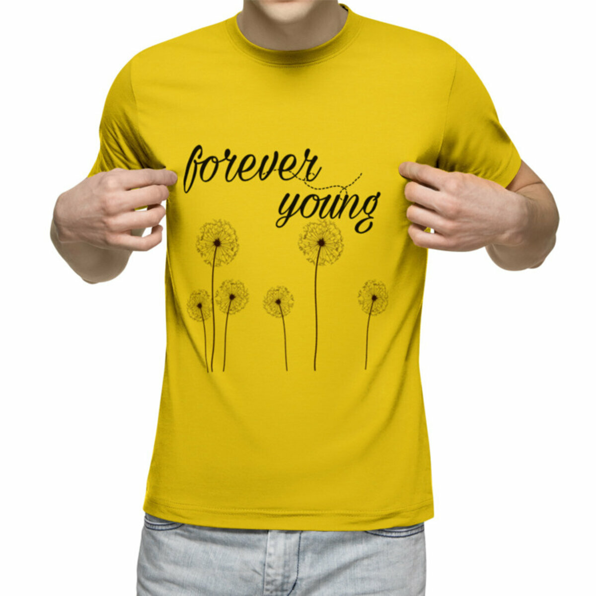 Мужская футболка «Одуванчики Forever young» (желтый, 2XL)