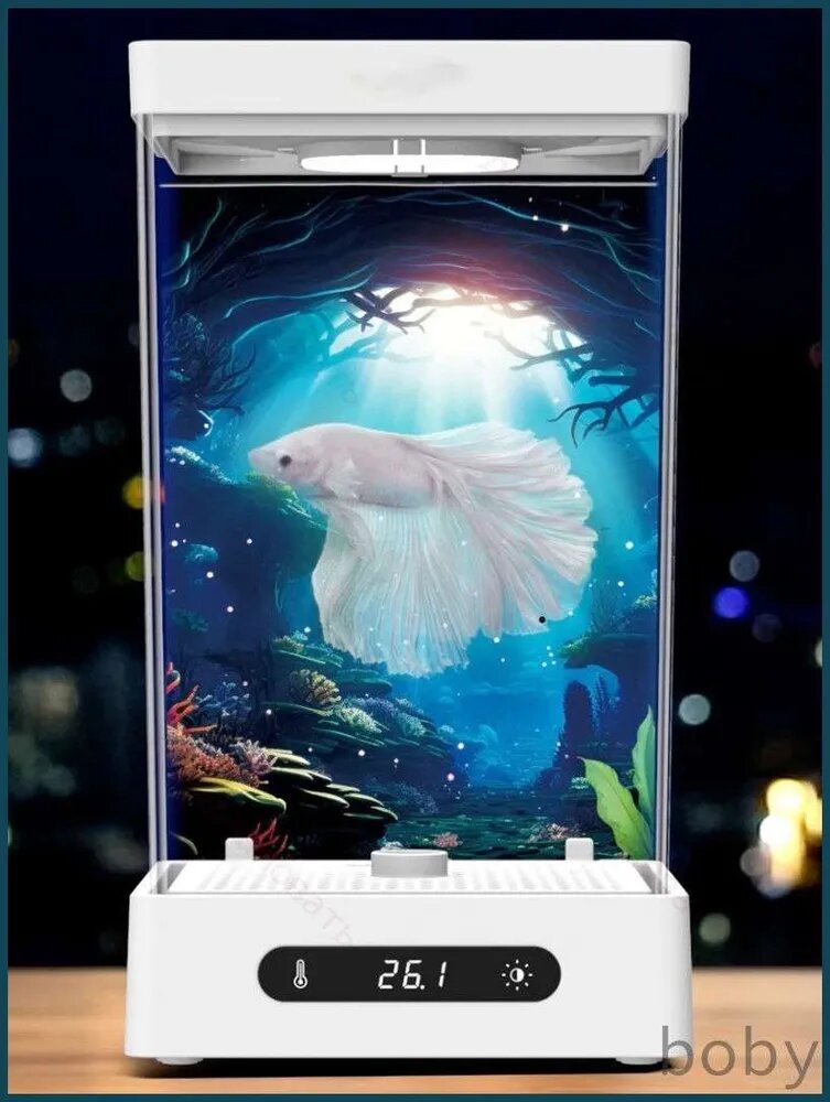 Аквариум для рыбки петушок с подсветкой и термометром, декоративный белый