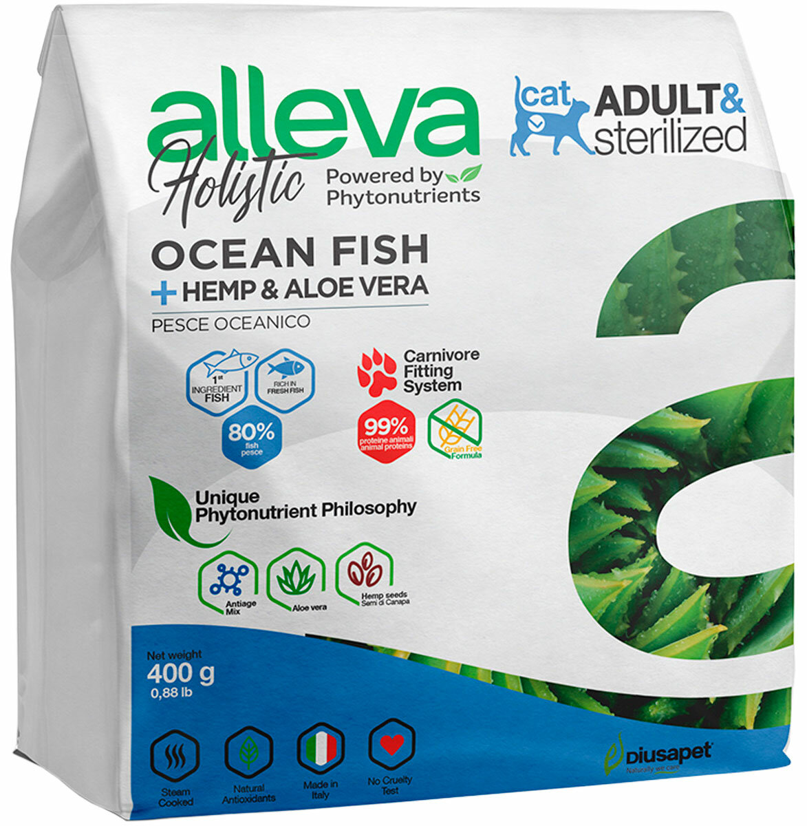 ALLEVA HOLISTIC ADULT CAT OCEAN FISH беззерновой для взрослых кошек с океанической рыбой, коноплей и алоэ вера (0,4 кг)