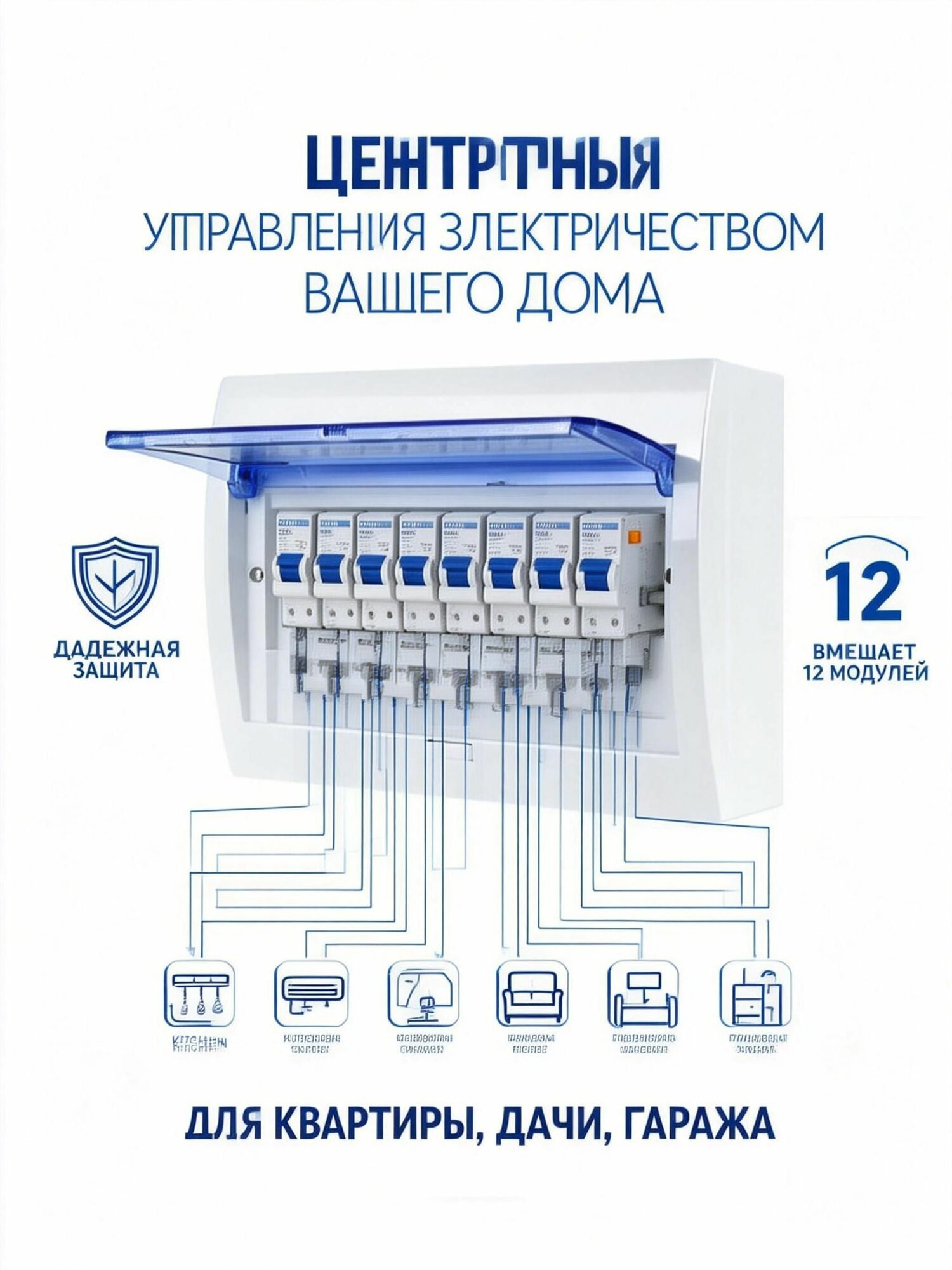 Бокс для автоматических выключателей на 12 модулей, накладной, щиток распределительный наружный, пластиковый, с DIN-рейкой