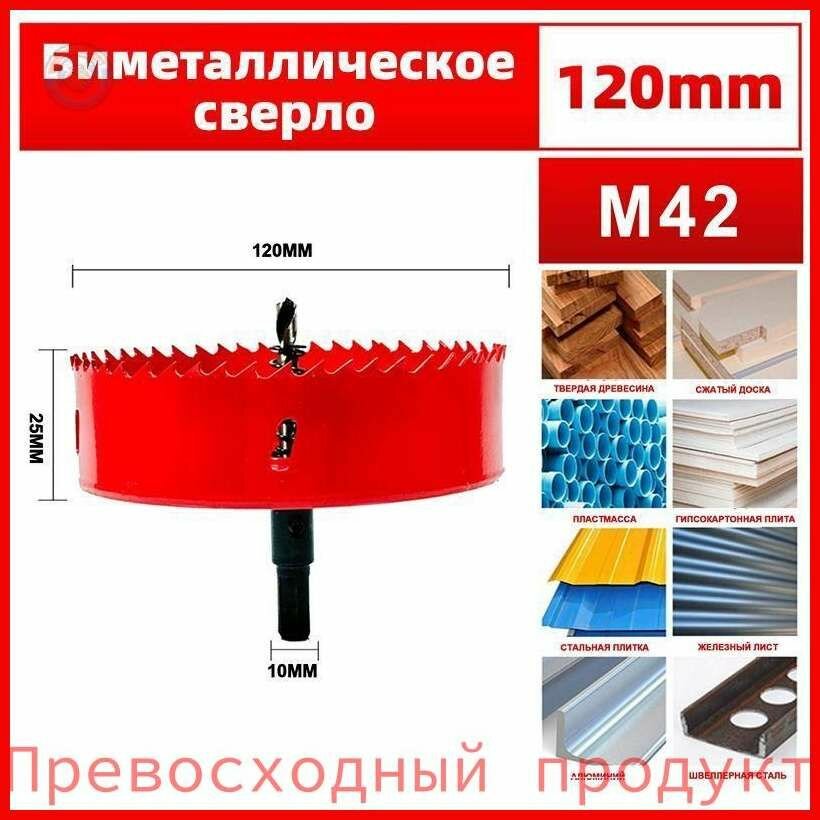 Биметаллическая коронка 120 мм для сверления металла дерева гипсокартона пластика с центрирующим сверлом сталь M42 кобальт2026