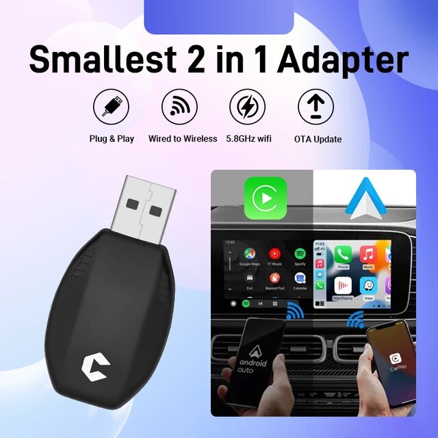 Беспроводной адаптер для CarPlay и Android Auto, совместимый с автомобилями Toyota, Mazda, Nissan, Camry, Suzuki, Subaru, Citroen, Audi, Mercedes-Benz, Kia, Ford и Opel, поддерживающий Spotify и Bluetooth.