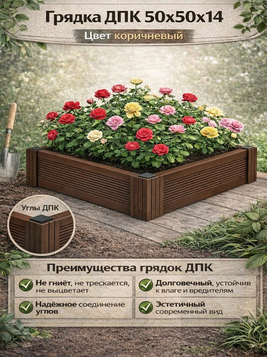 Грядка коричневая из ДПК Патио Квадрат 1 доска, 14х50х50 см. Углы и борта из ДПК