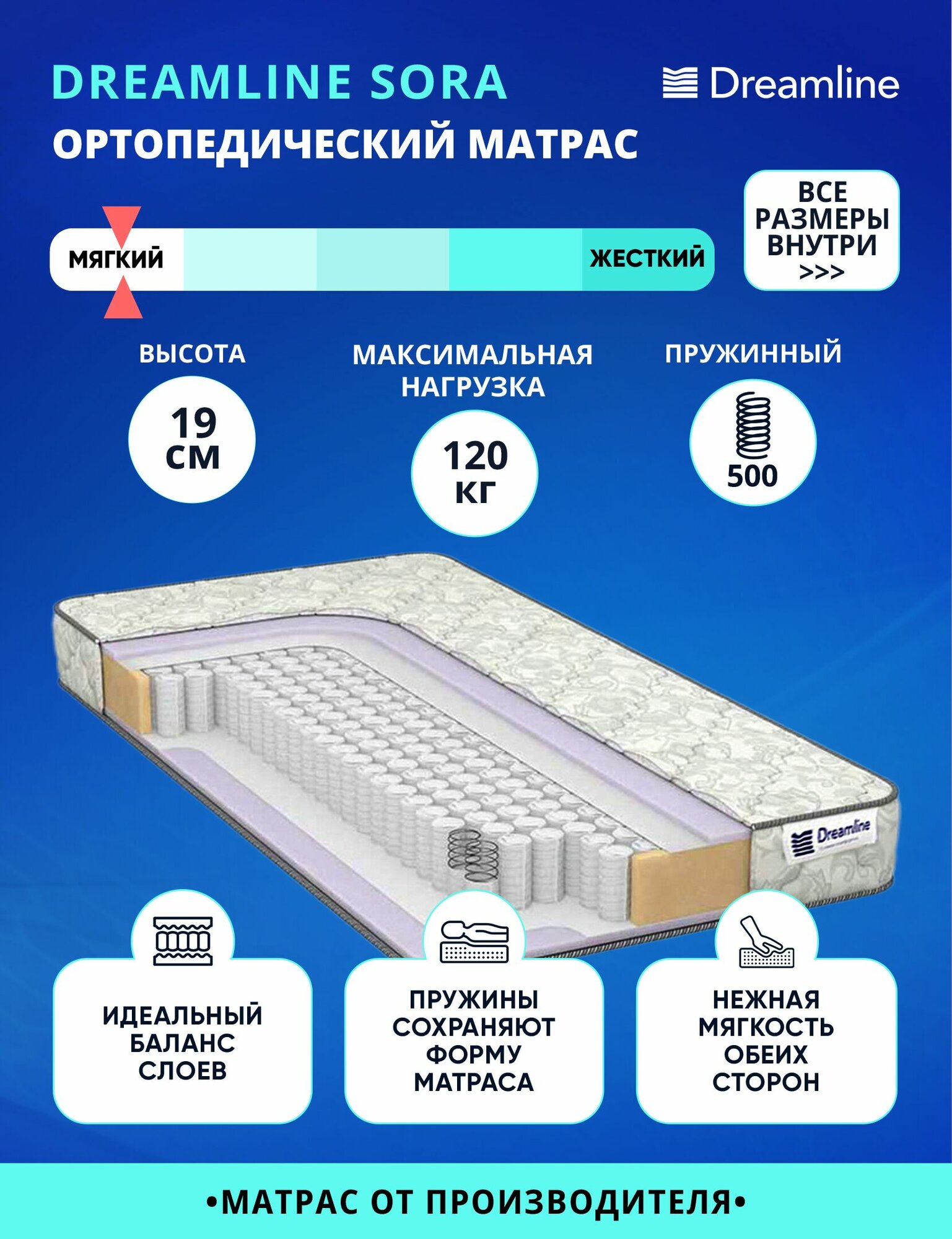 Матрас Dreamline Sora 160х175 серии Lux высота 19 см анатомический мягкий Независимые пружины