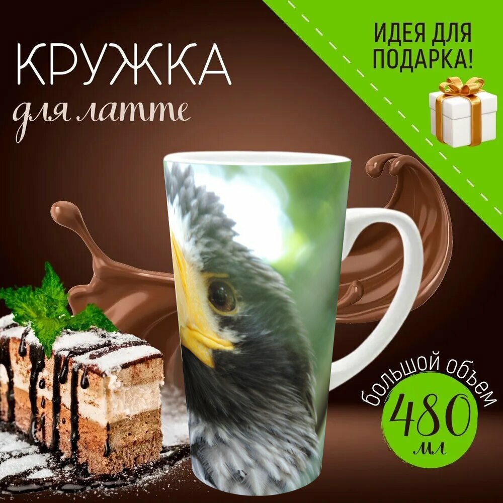 Кружка латте керамическая большая для чая и кофе с прикольным принтом "Орел, зоопарк, хищные птицы" 500 мл.
