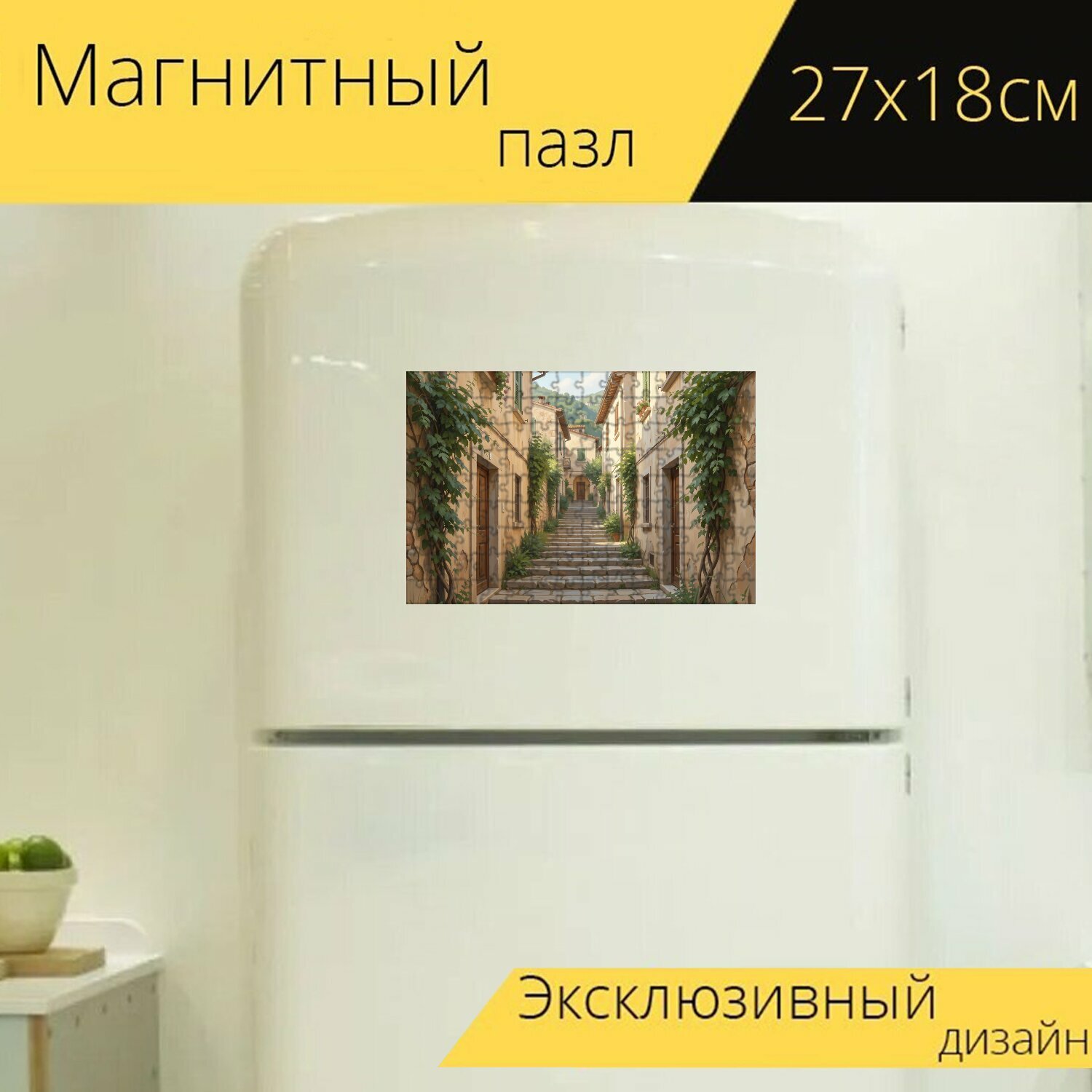 Магнитный пазл "Уютная итальянская улочка с лестницей. Живописный средиземноморский переулок с каменными ступенями, старыми домами, зелеными ставнями и." на холодильник 27 x 18 см.