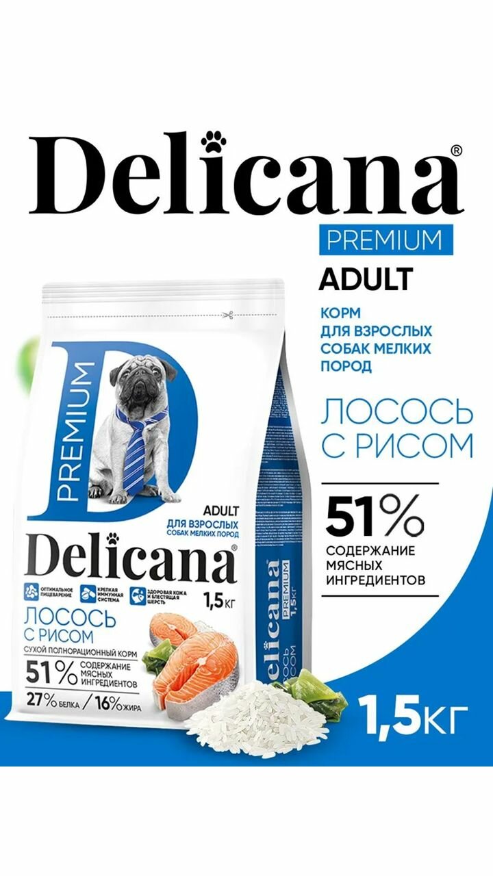 Сухой корм Delicana для собак мелких пород, лосось с рисом 1,5 кг